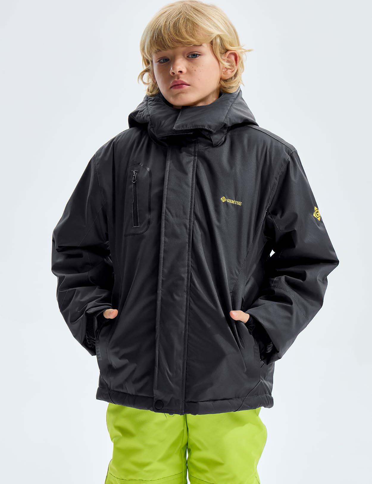 GEMYSE Boy's Waterproof Ski Snow Jacket Fleece Windproof Winter Jacket with Hood (Black,6/7)