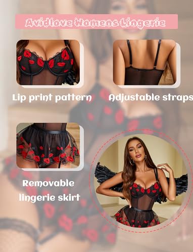 Avidlove Womens Lingerie Supportive Bodysuit with Removable Mini Skirt Embroidery Garter Lingerie Set
