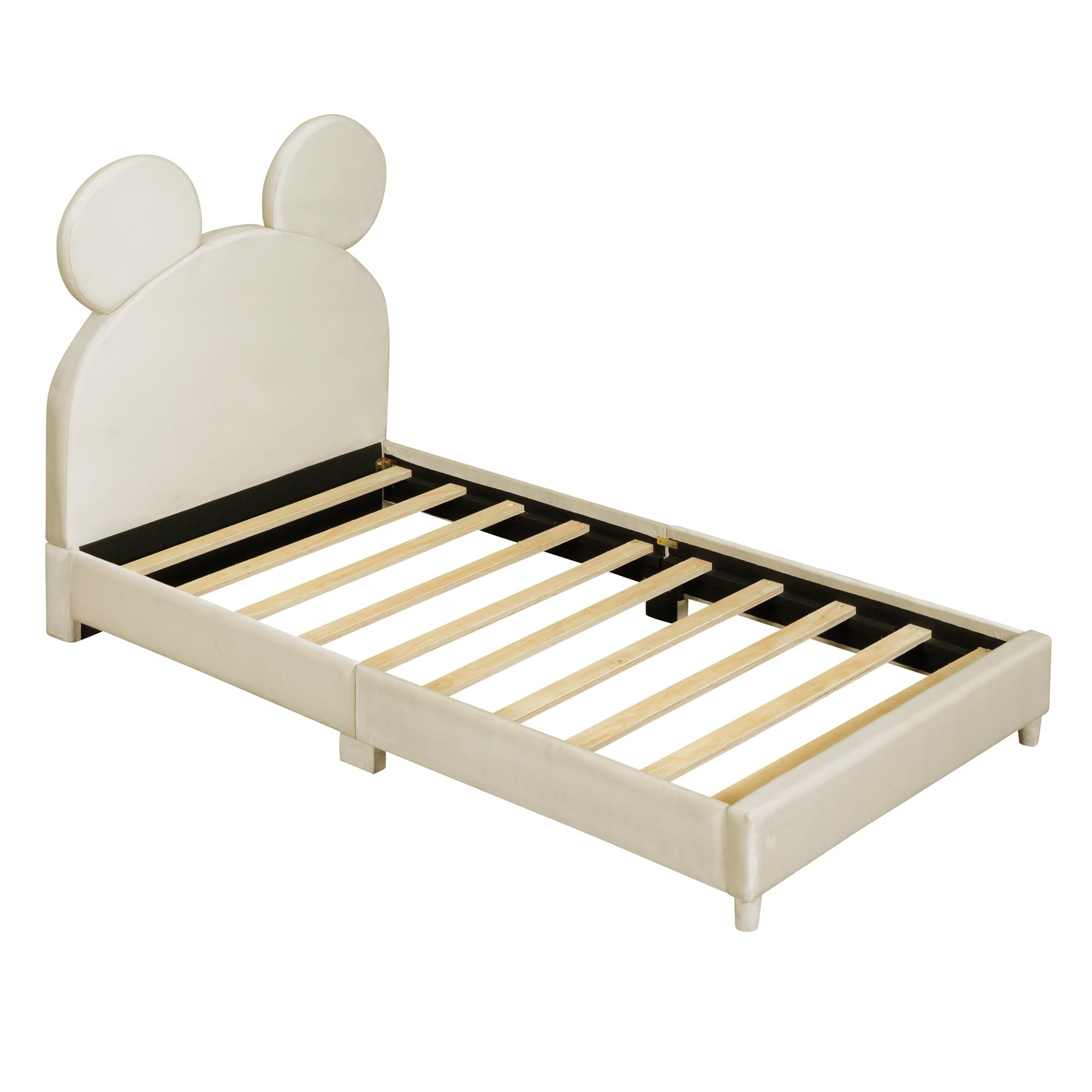 Harper & Bright Designs Twin Size Platform Bed with Bear Ear Shaped Headboard, Modern Velvet Upholstered Twin Bed Frame for Kids,Wood Twin Bed for Girls Boys, No Box Spring Needed, Beige