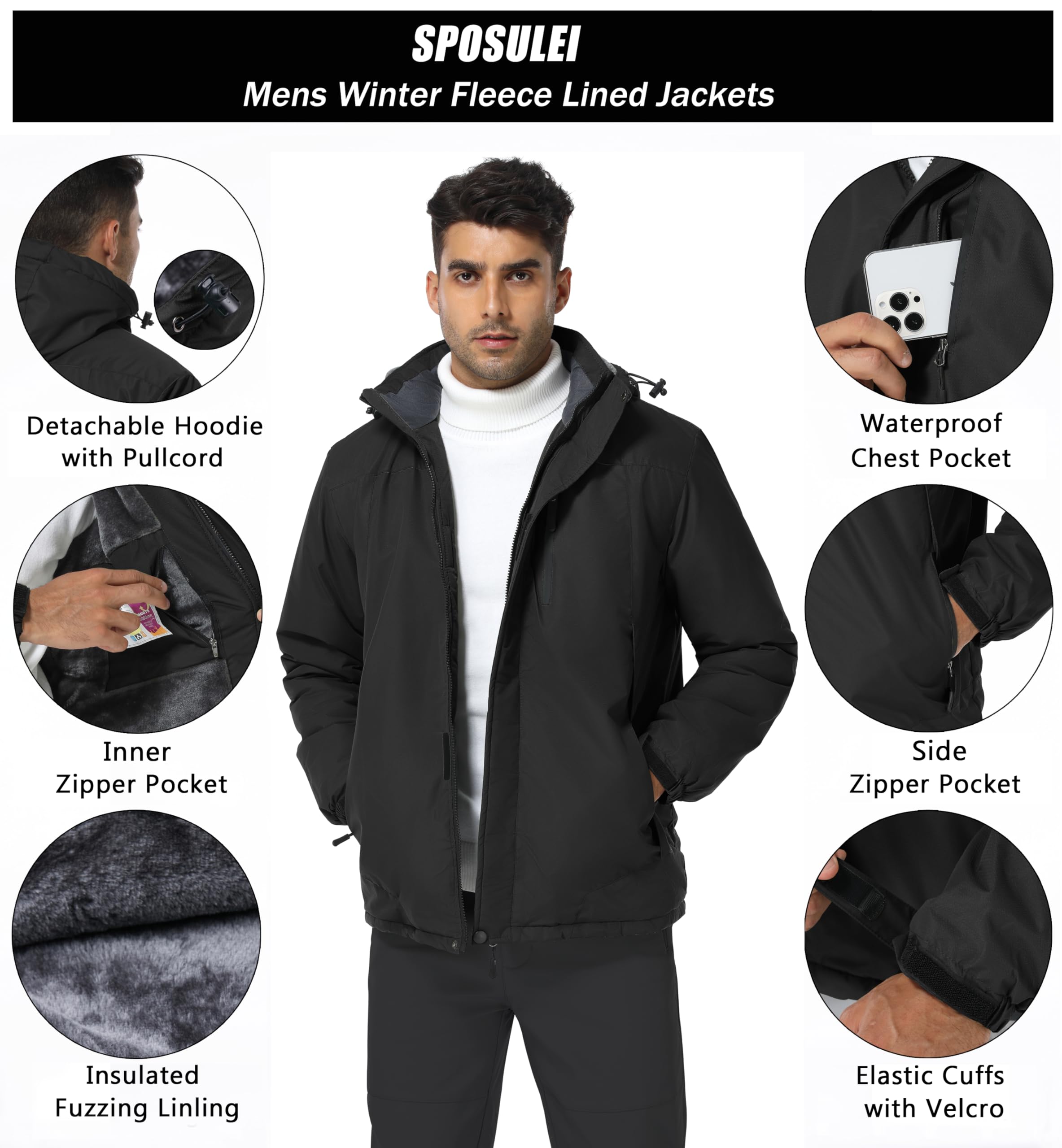 SPOSULEI Winter Jackets Coats for Men Waterproof Fleece Liner Softshell Jacket Ski Hiking Snow Jackets Parka Coat with Hooded Black 2XL