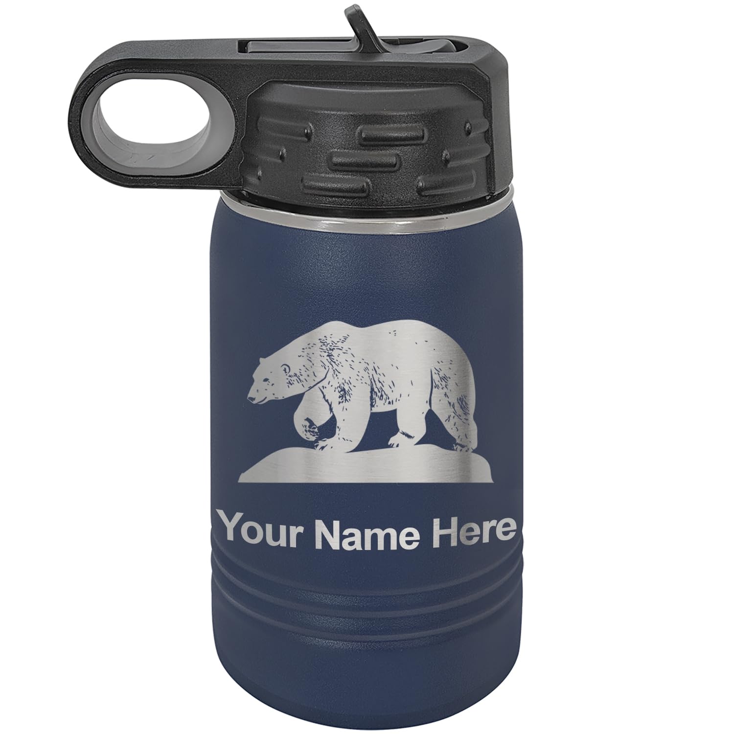 LaserGram Personalized Water Bottle, Polar Bear, Stainless Steel Double Wall Vacuum Insulated with Flip Top Straw, Custom Engraved Gift (12oz / 335ml Navy Blue)
