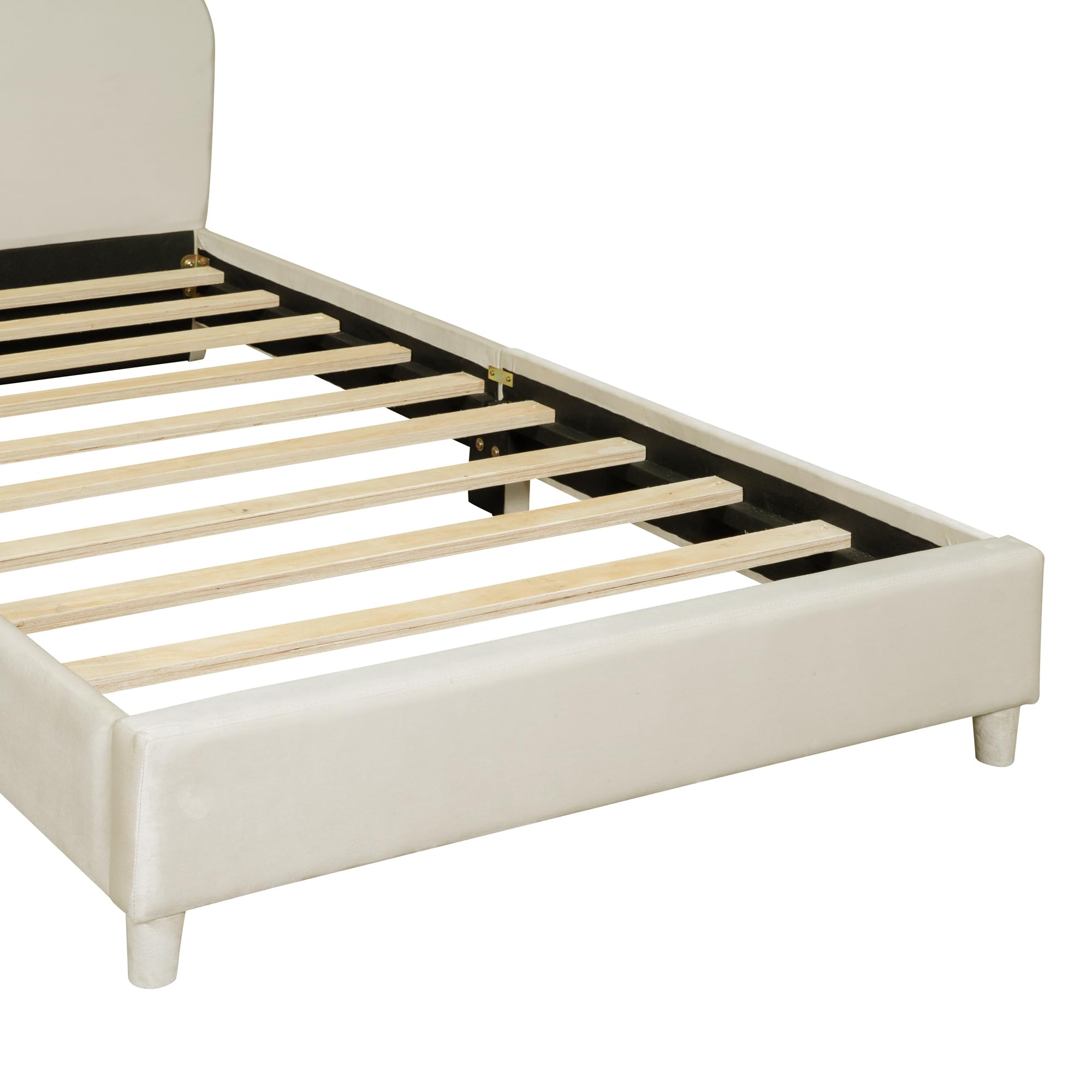 Harper & Bright Designs Twin Size Platform Bed with Bear Ear Shaped Headboard, Modern Velvet Upholstered Twin Bed Frame for Kids,Wood Twin Bed for Girls Boys, No Box Spring Needed, Beige