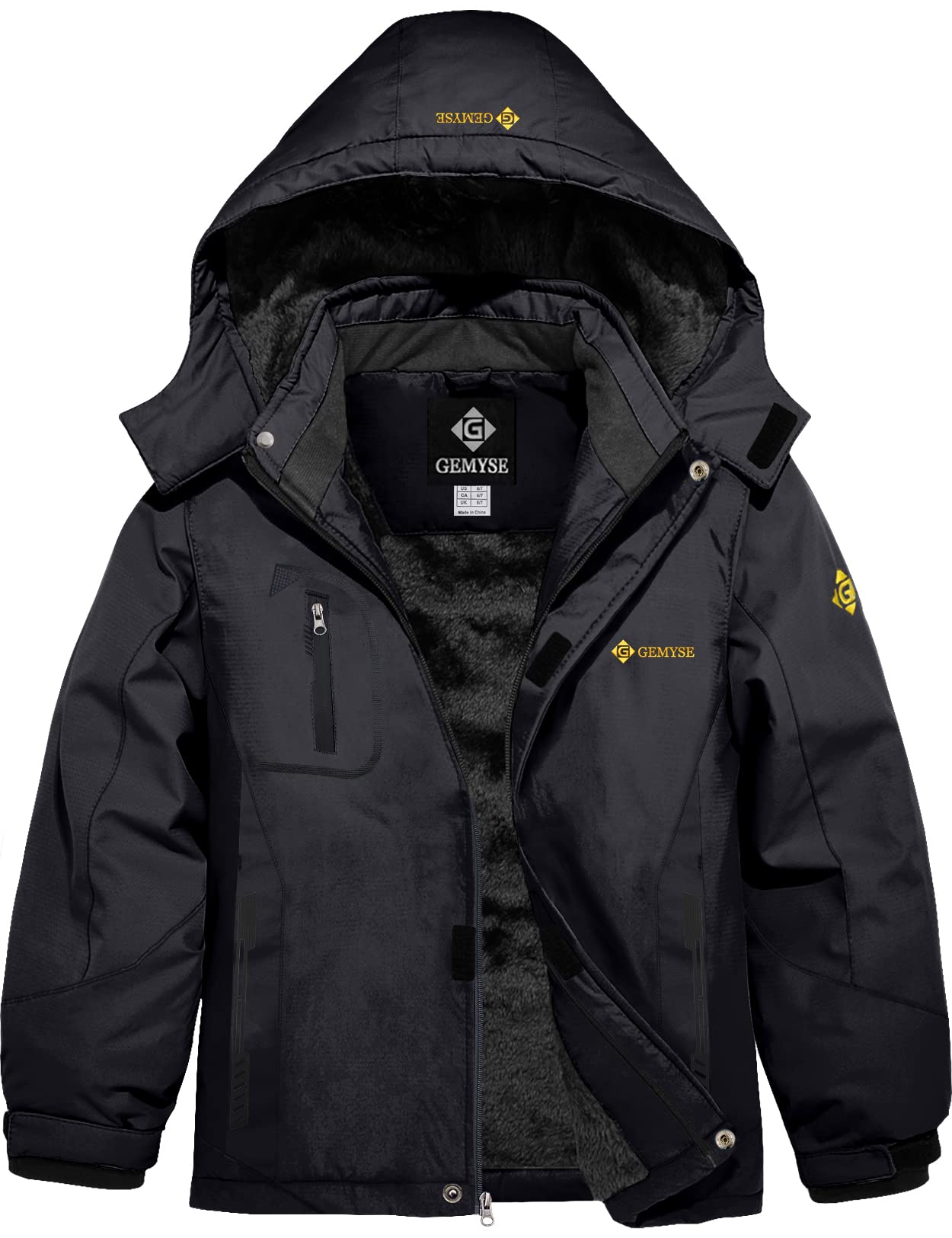 GEMYSE Boy's Waterproof Ski Snow Jacket Fleece Windproof Winter Jacket with Hood (Black,6/7)