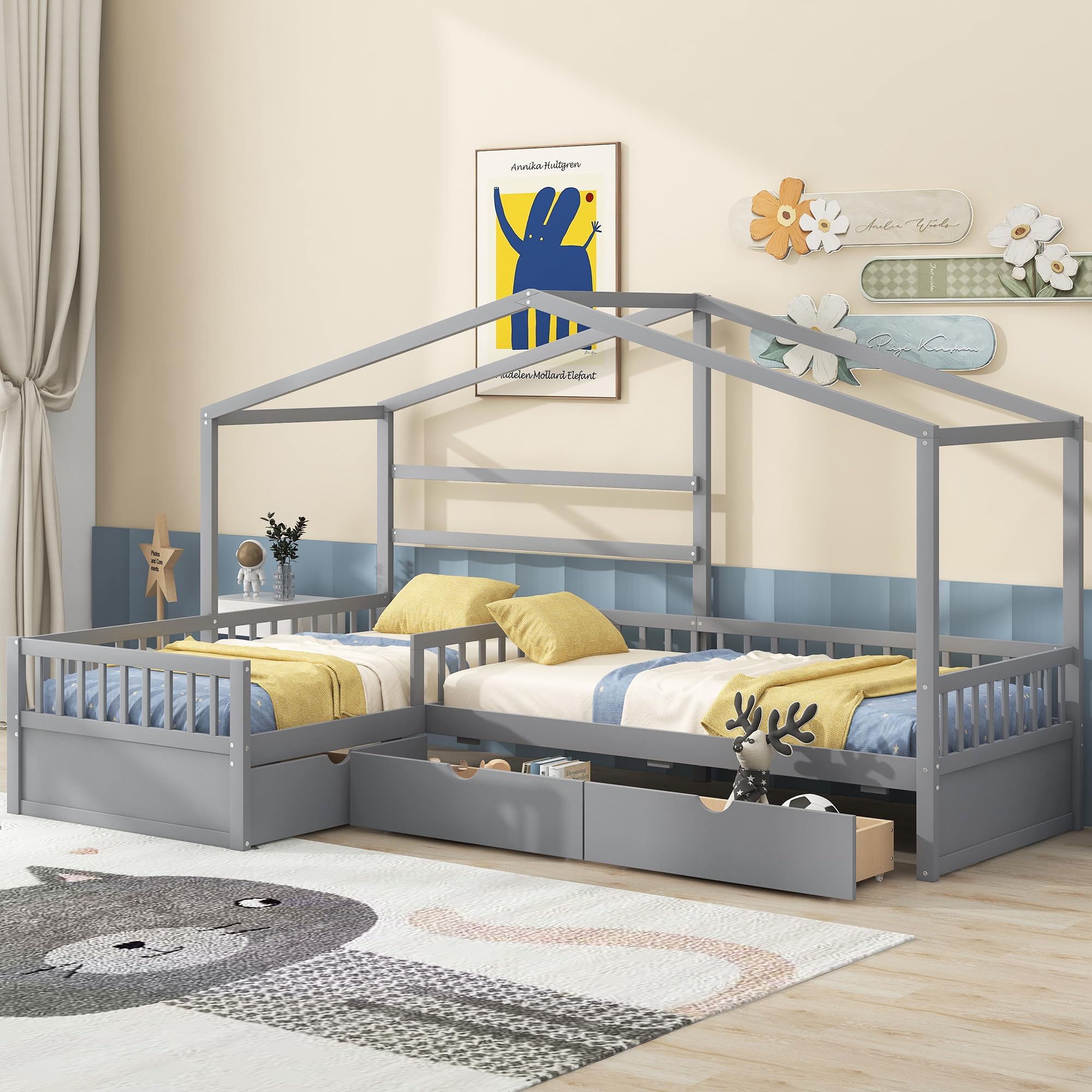 HAWWHOME L-Shaped Platform Bed with 3 Storage Drawers, Twin Size House Platform Bed Frame with Sturdy Slat Support, 2 in 1 Platform Bed for Kids Teens Boys Girls Bedroom