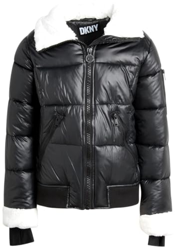 DKNY Girls' Winter Coat - Insulated Quilted Puffer Bomber Coat - Outerwear Jacket for Girls, Sherpa Collar/Cuffs (8-16), Size 10-12, Black
