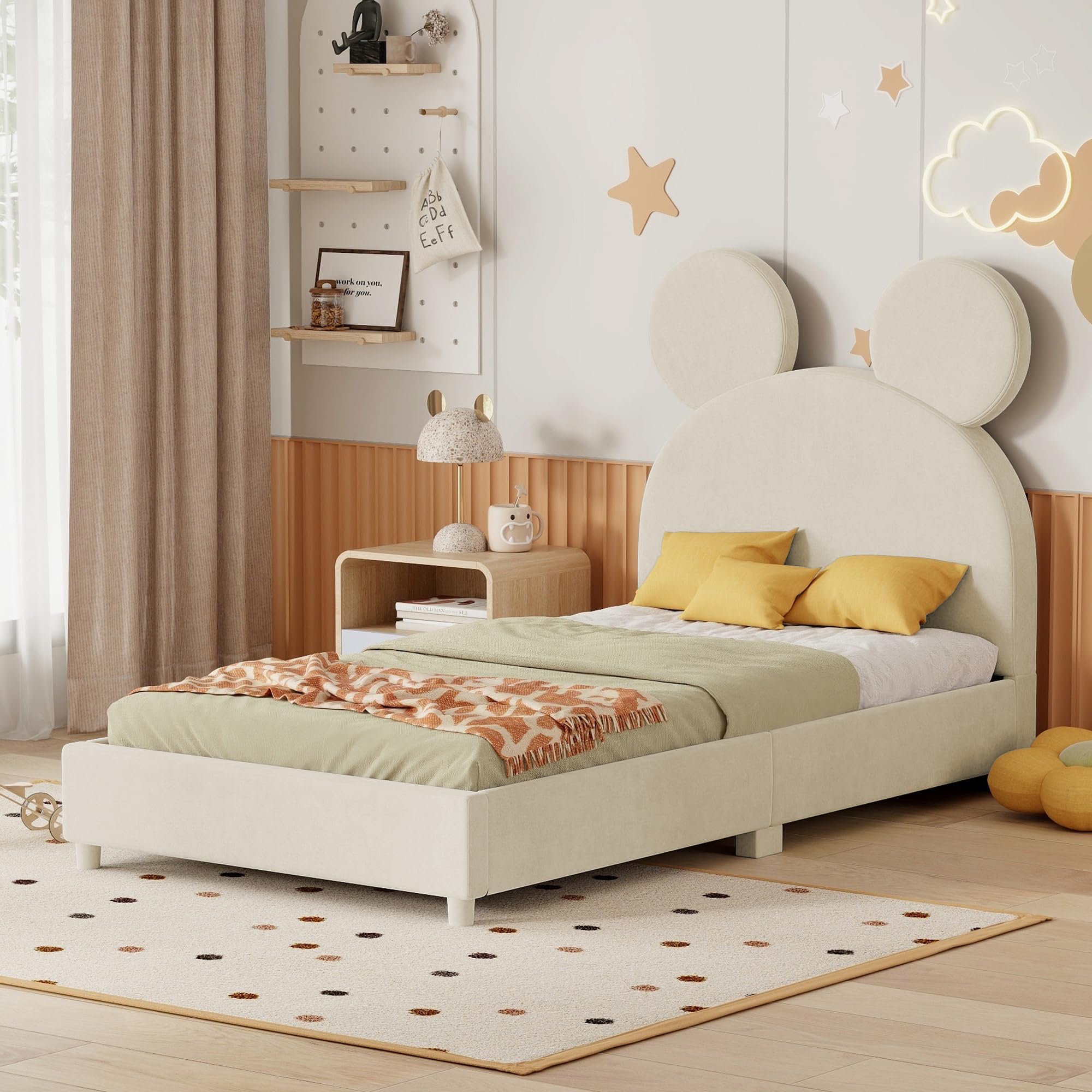 Harper & Bright Designs Twin Size Platform Bed with Bear Ear Shaped Headboard, Modern Velvet Upholstered Twin Bed Frame for Kids,Wood Twin Bed for Girls Boys, No Box Spring Needed, Beige