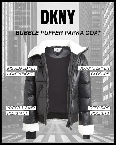 DKNY Girls' Winter Coat - Insulated Quilted Puffer Bomber Coat - Outerwear Jacket for Girls, Sherpa Collar/Cuffs (8-16), Size 10-12, Black