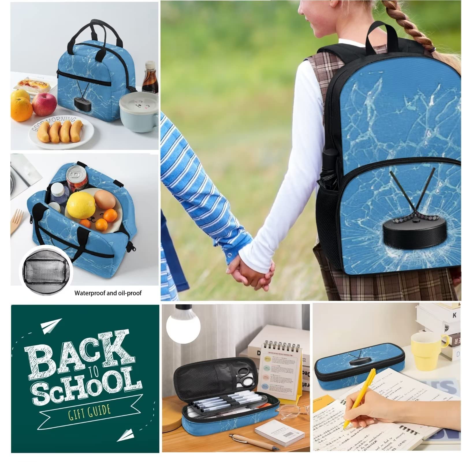 Agoviwo Hockey Graphic School Backpack for Girls 10-12 Aesthetic Book Bag, Lunch Bag and Pencil Case Organizer