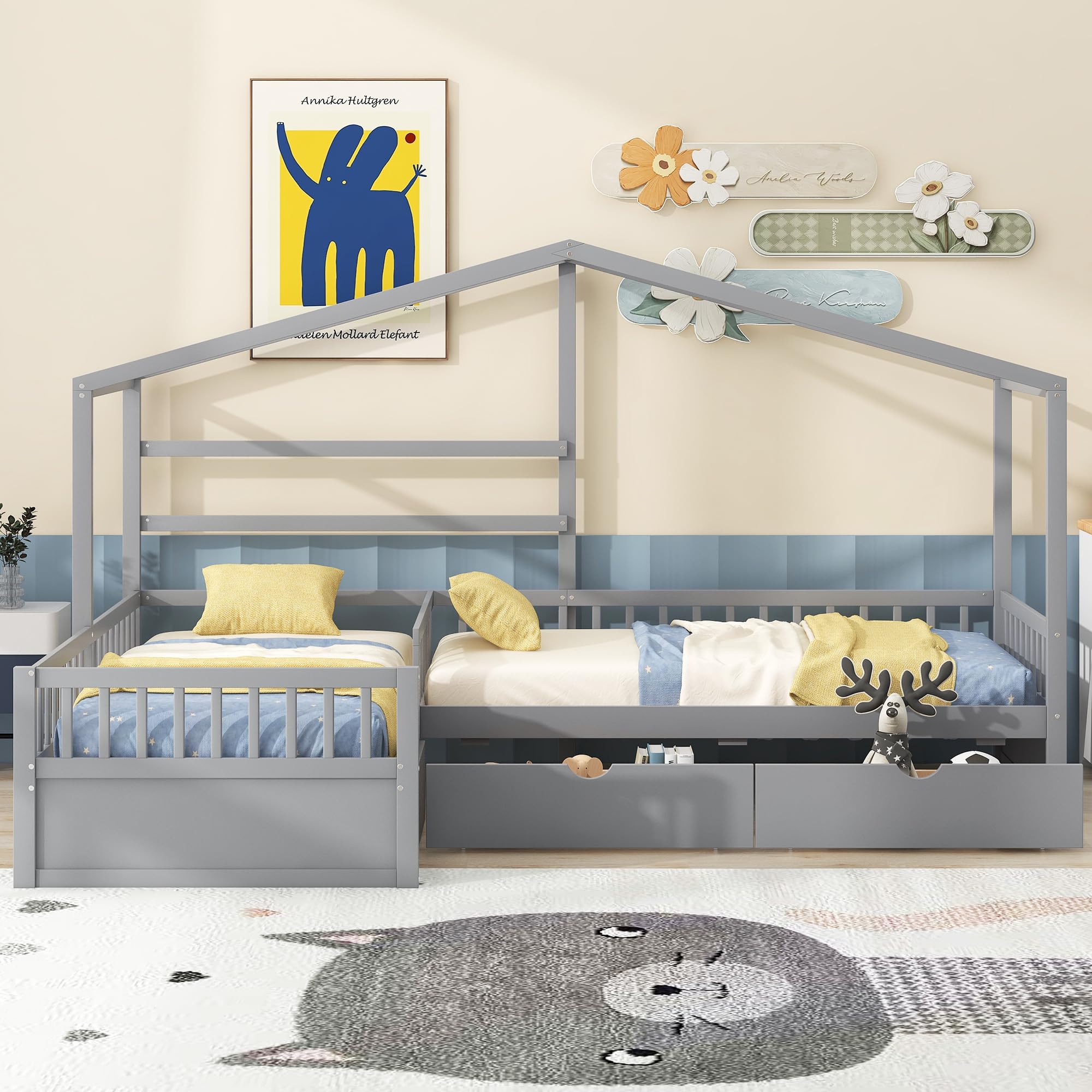 HAWWHOME L-Shaped Platform Bed with 3 Storage Drawers, Twin Size House Platform Bed Frame with Sturdy Slat Support, 2 in 1 Platform Bed for Kids Teens Boys Girls Bedroom