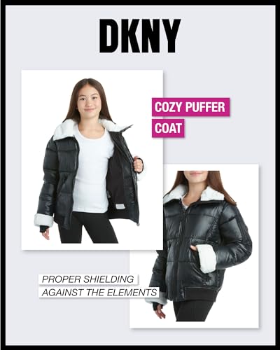 DKNY Girls' Winter Coat - Insulated Quilted Puffer Bomber Coat - Outerwear Jacket for Girls, Sherpa Collar/Cuffs (8-16), Size 10-12, Black