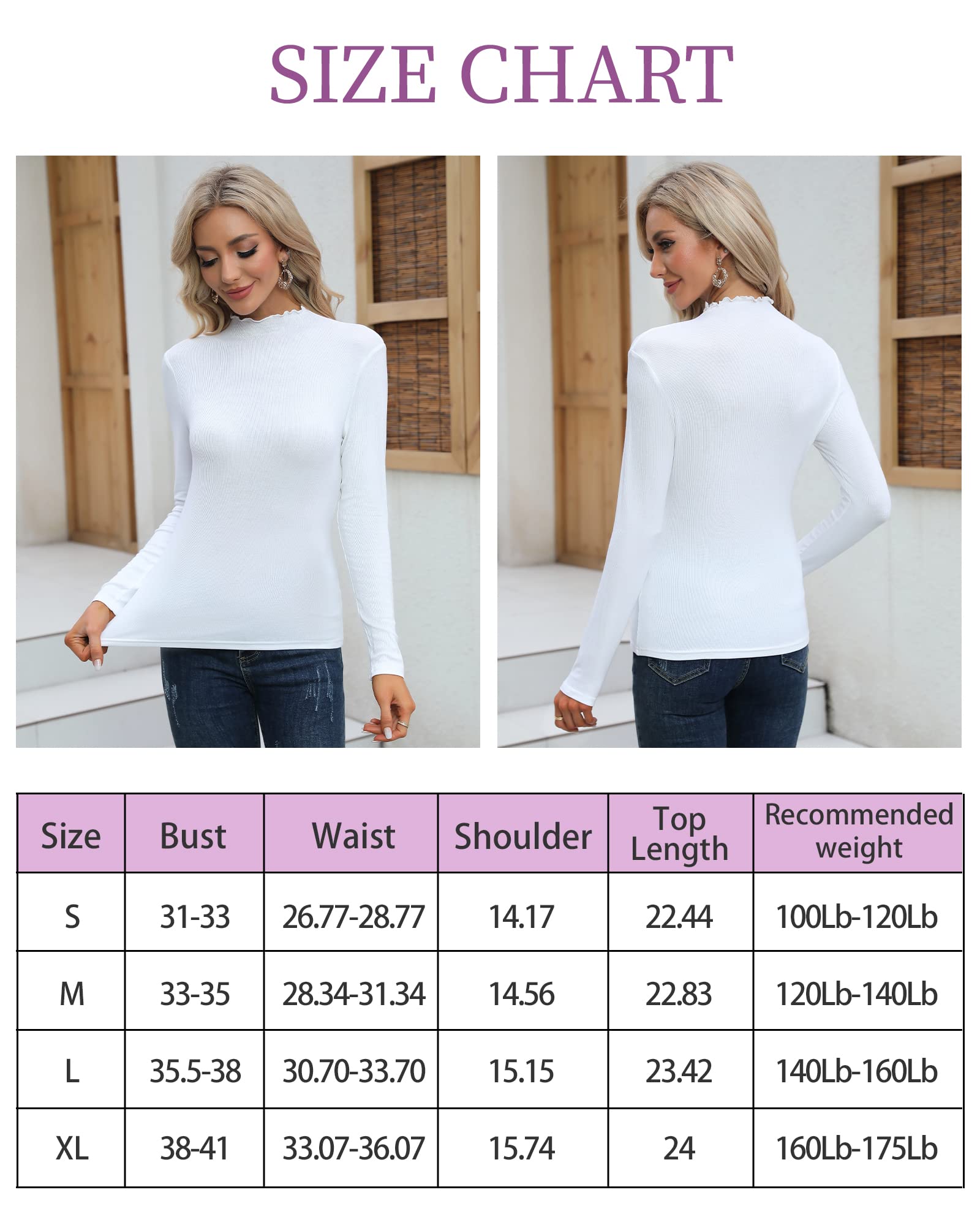 ciciread Women's Lettuce Trim Mock Neck Long Sleeve Slim Fit Sexy Ribbed Knit Tee Shirt Tops (as1, Alpha, l, Regular, Regular, White)