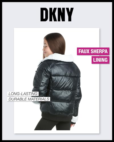DKNY Girls' Winter Coat - Insulated Quilted Puffer Bomber Coat - Outerwear Jacket for Girls, Sherpa Collar/Cuffs (8-16), Size 10-12, Black