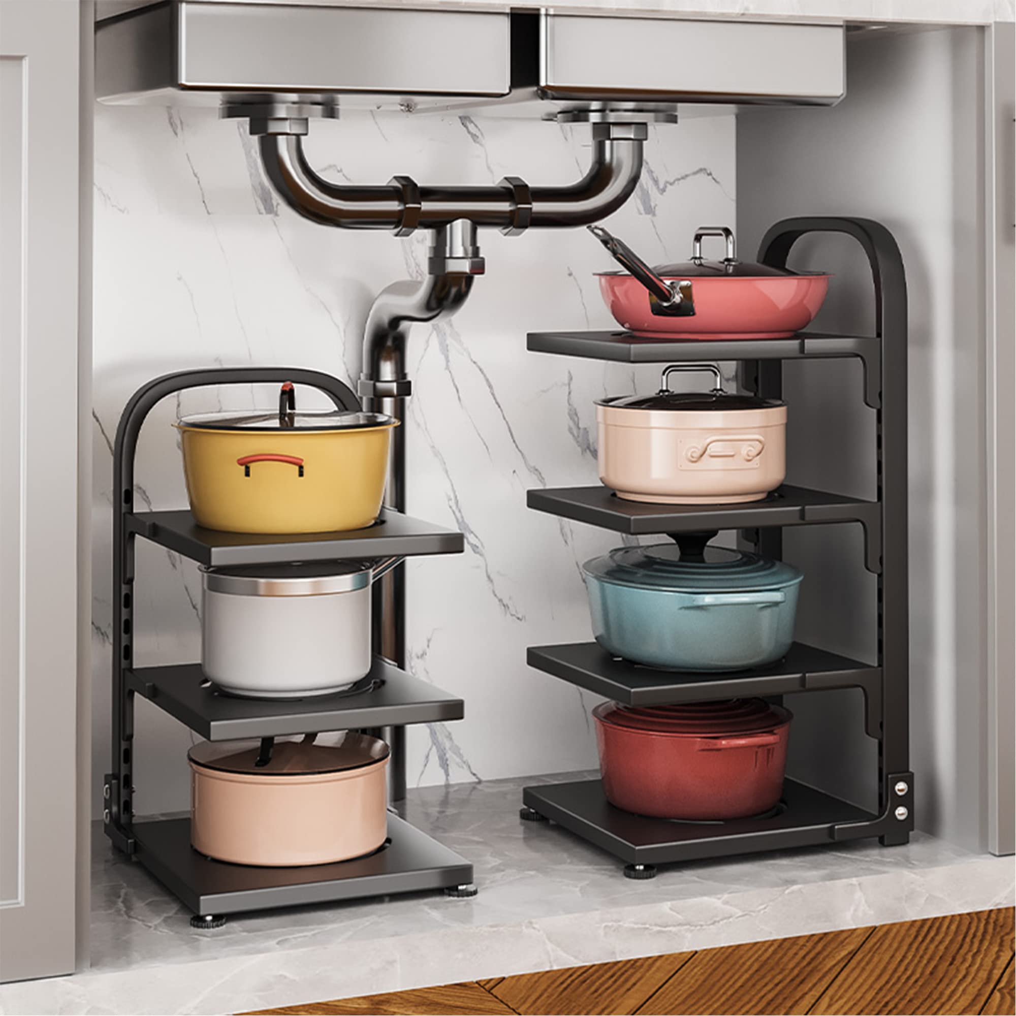 FT HITA Pot Rack Organizers,4 Tier Adjustable Pot Racks,Durable Steel Construction, Pot Organizer Rack for Kitchen Organization & Storage, Cabinet Organizer (4 Tiers)