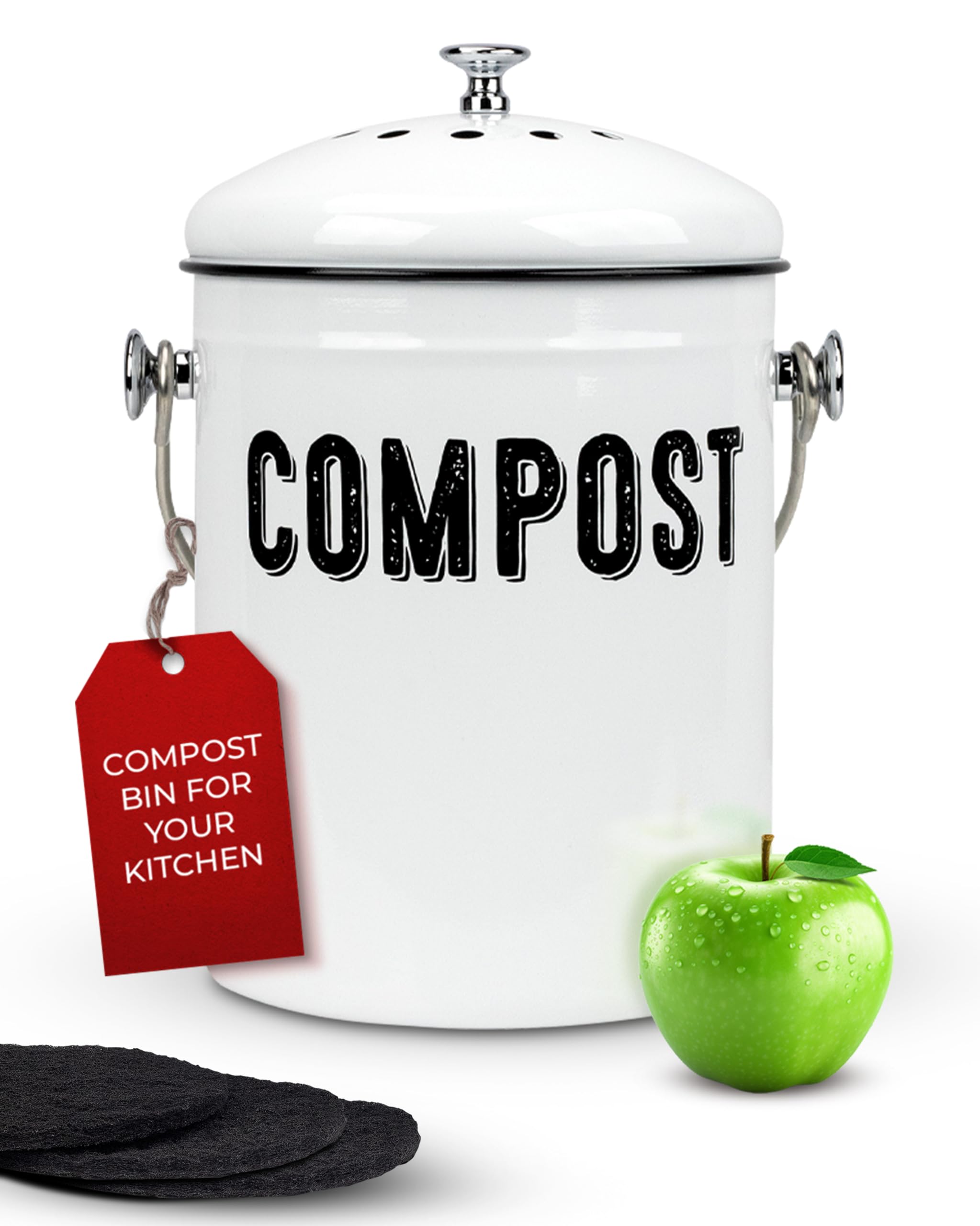Granrosi Compost Bin Kitchen, Kitchen Compost Bin Countertop, Indoor Compost Bin, Countertop Compost Bin with Lid, 100% Rust Proof Compost Bucket w/ Non-Smell Charcoal Filters, 1.3 Gallon - White