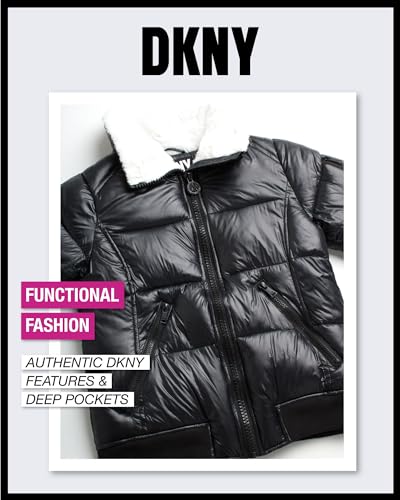 DKNY Girls' Winter Coat - Insulated Quilted Puffer Bomber Coat - Outerwear Jacket for Girls, Sherpa Collar/Cuffs (8-16), Size 10-12, Black