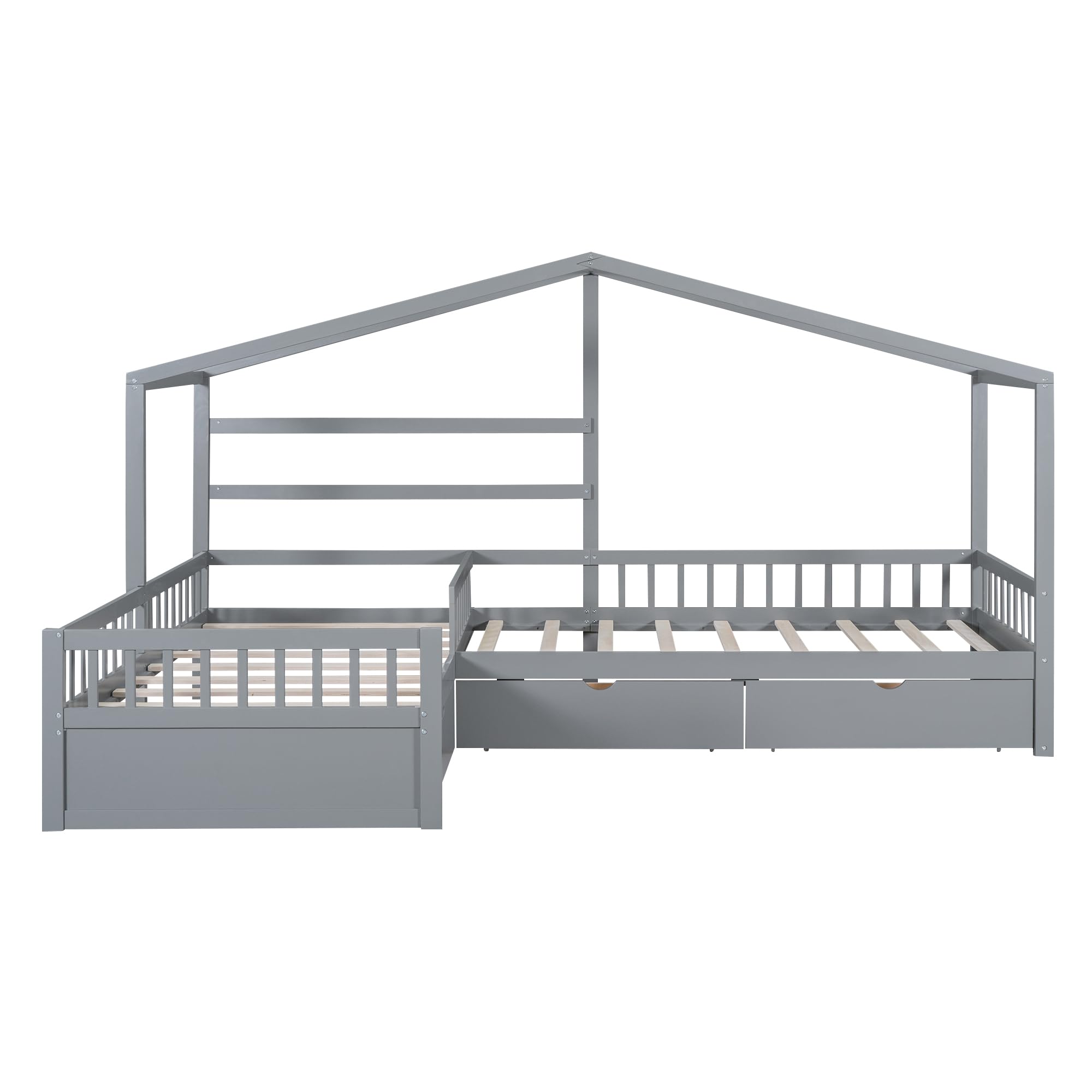 HAWWHOME L-Shaped Platform Bed with 3 Storage Drawers, Twin Size House Platform Bed Frame with Sturdy Slat Support, 2 in 1 Platform Bed for Kids Teens Boys Girls Bedroom