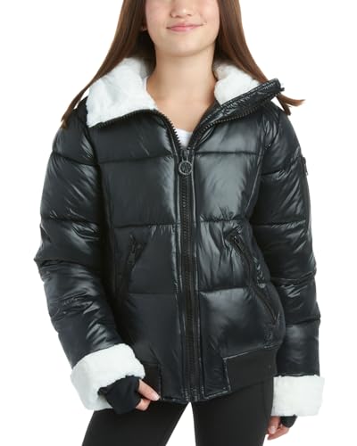 DKNY Girls' Winter Coat - Insulated Quilted Puffer Bomber Coat - Outerwear Jacket for Girls, Sherpa Collar/Cuffs (8-16), Size 10-12, Black