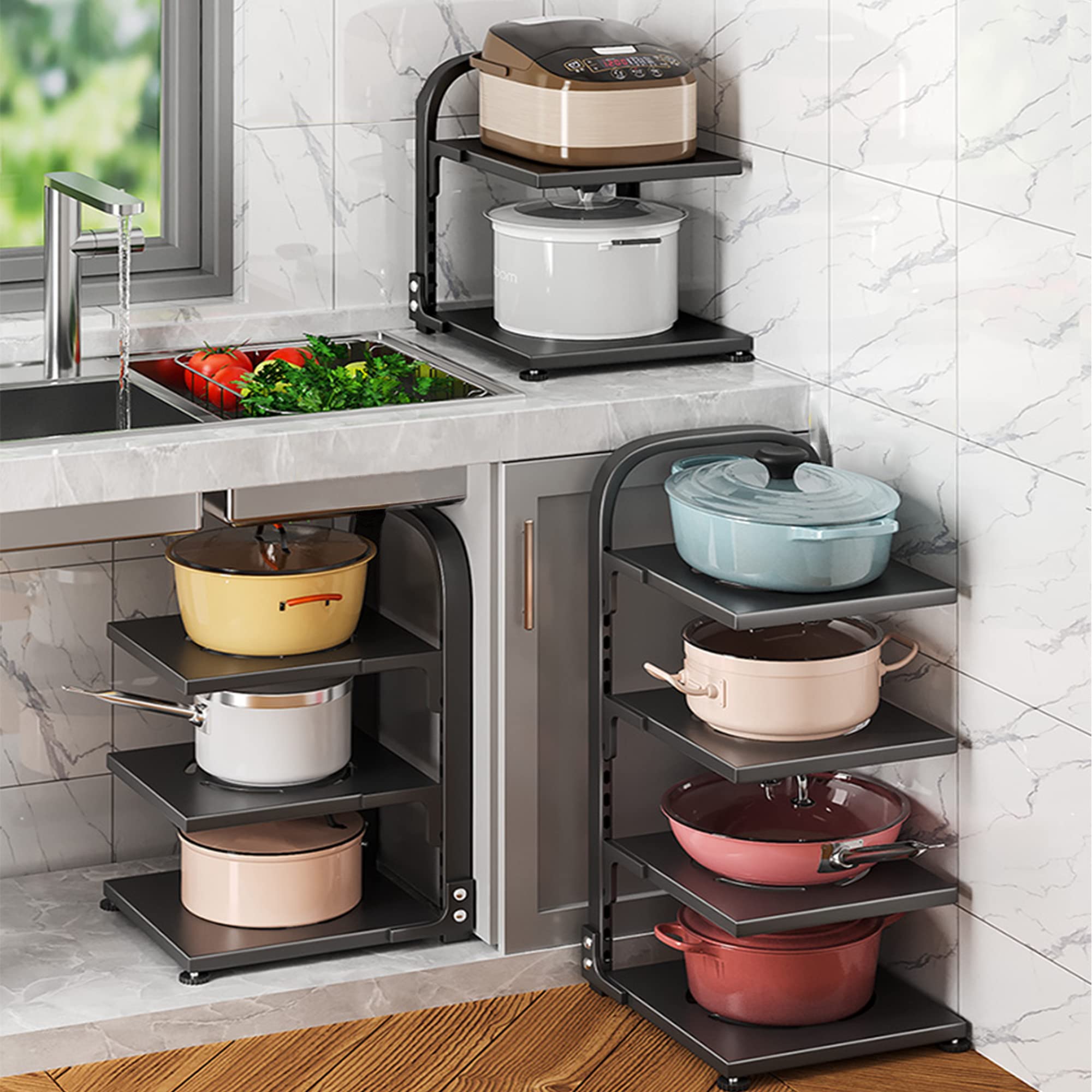 FT HITA Pot Rack Organizers,4 Tier Adjustable Pot Racks,Durable Steel Construction, Pot Organizer Rack for Kitchen Organization & Storage, Cabinet Organizer (4 Tiers)