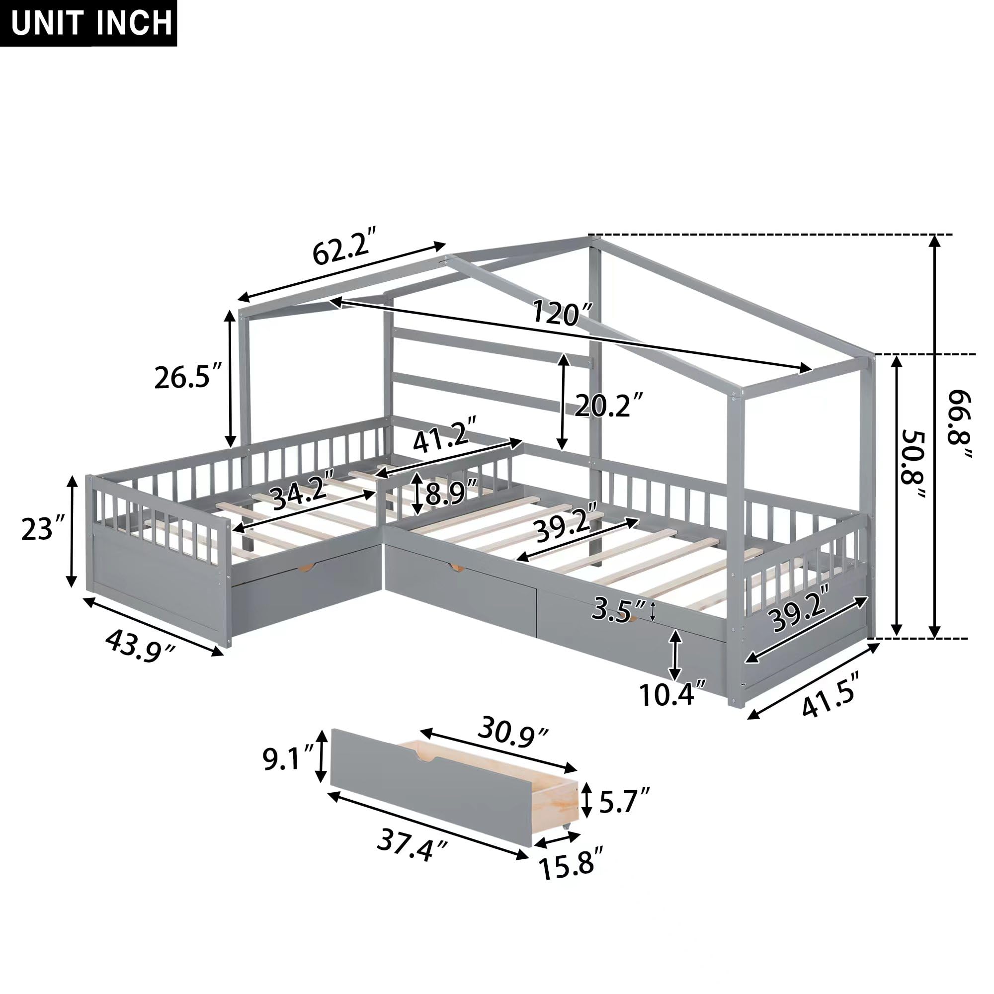 HAWWHOME L-Shaped Platform Bed with 3 Storage Drawers, Twin Size House Platform Bed Frame with Sturdy Slat Support, 2 in 1 Platform Bed for Kids Teens Boys Girls Bedroom