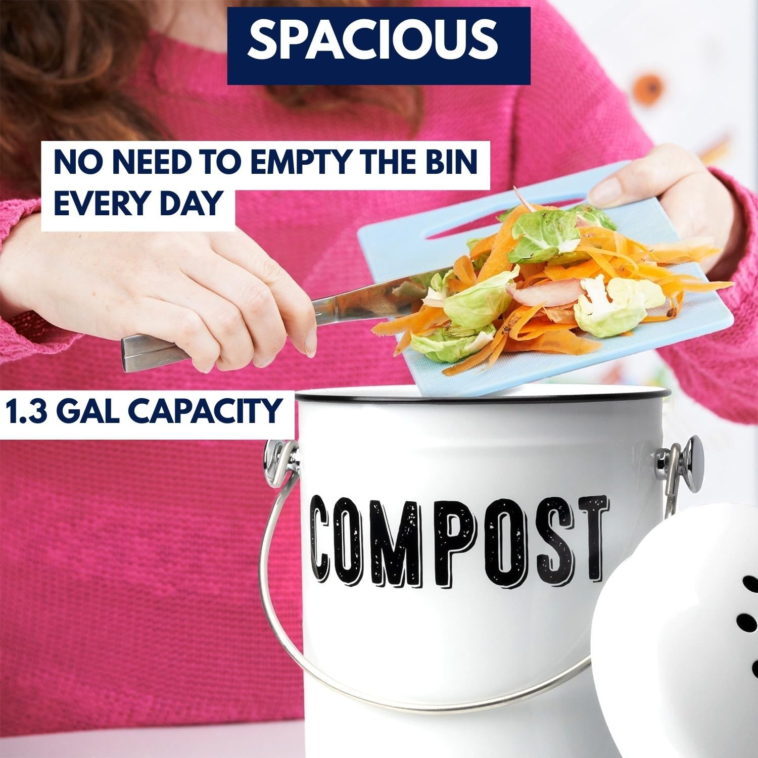 Granrosi Compost Bin Kitchen, Kitchen Compost Bin Countertop, Indoor Compost Bin, Countertop Compost Bin with Lid, 100% Rust Proof Compost Bucket w/ Non-Smell Charcoal Filters, 1.3 Gallon - White