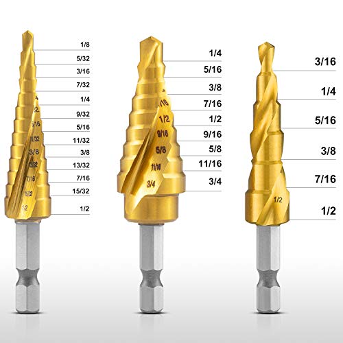 Luckyway 3-Piece HSS Titanium Step Drill Bit Set, Total 28 Sizes for Metal, Wood, Plastic, Multiple Hole Drilling