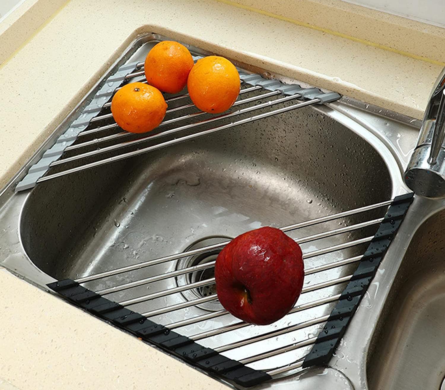 ALIMART Roll Up Dish Drying Rack and Triangle for Sink,over the Sink , Kitchen Corner Drainer Mat, Foldable Stainless Steel (Triangle) Silver