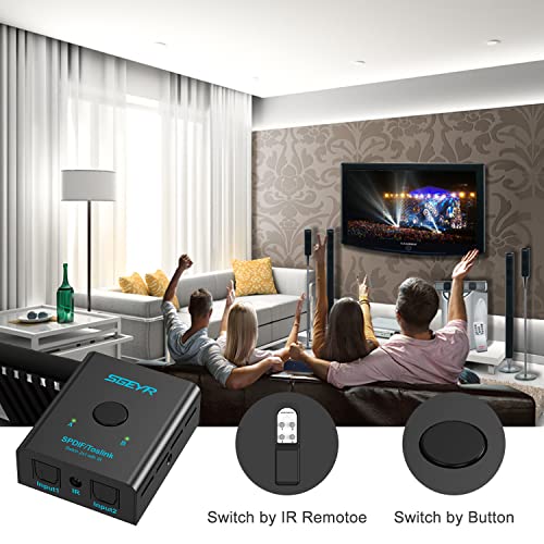 Digital Audio Optical Audio Switch 2 in 1 Out, SGEYR Digital Optical Audio Splitter SPDIF Toslink Switch Optical Switcher with IR Remote Control & Optical Cable for PS3 Xbox Blue-Ray HDTV