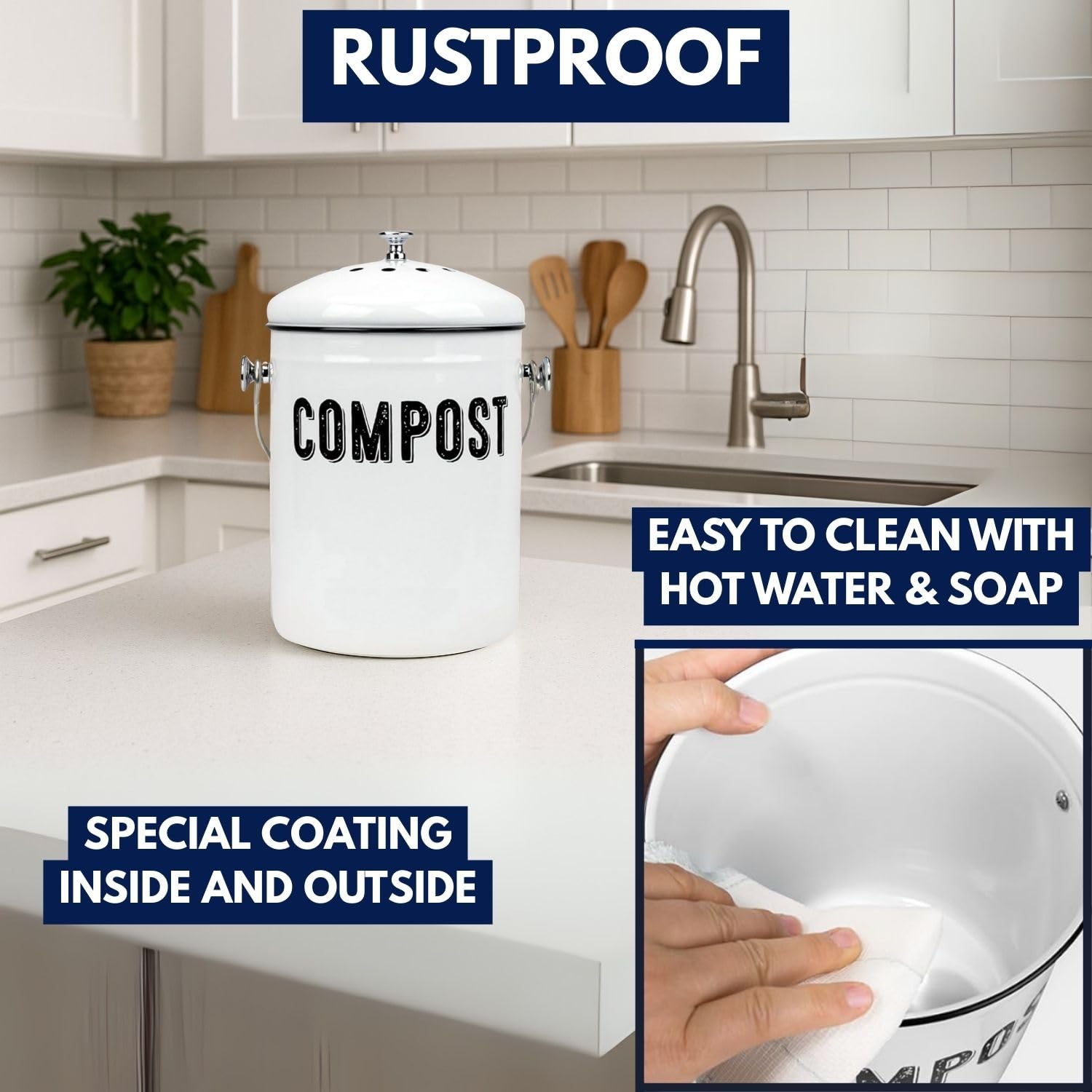 Granrosi Compost Bin Kitchen, Kitchen Compost Bin Countertop, Indoor Compost Bin, Countertop Compost Bin with Lid, 100% Rust Proof Compost Bucket w/ Non-Smell Charcoal Filters, 1.3 Gallon - White