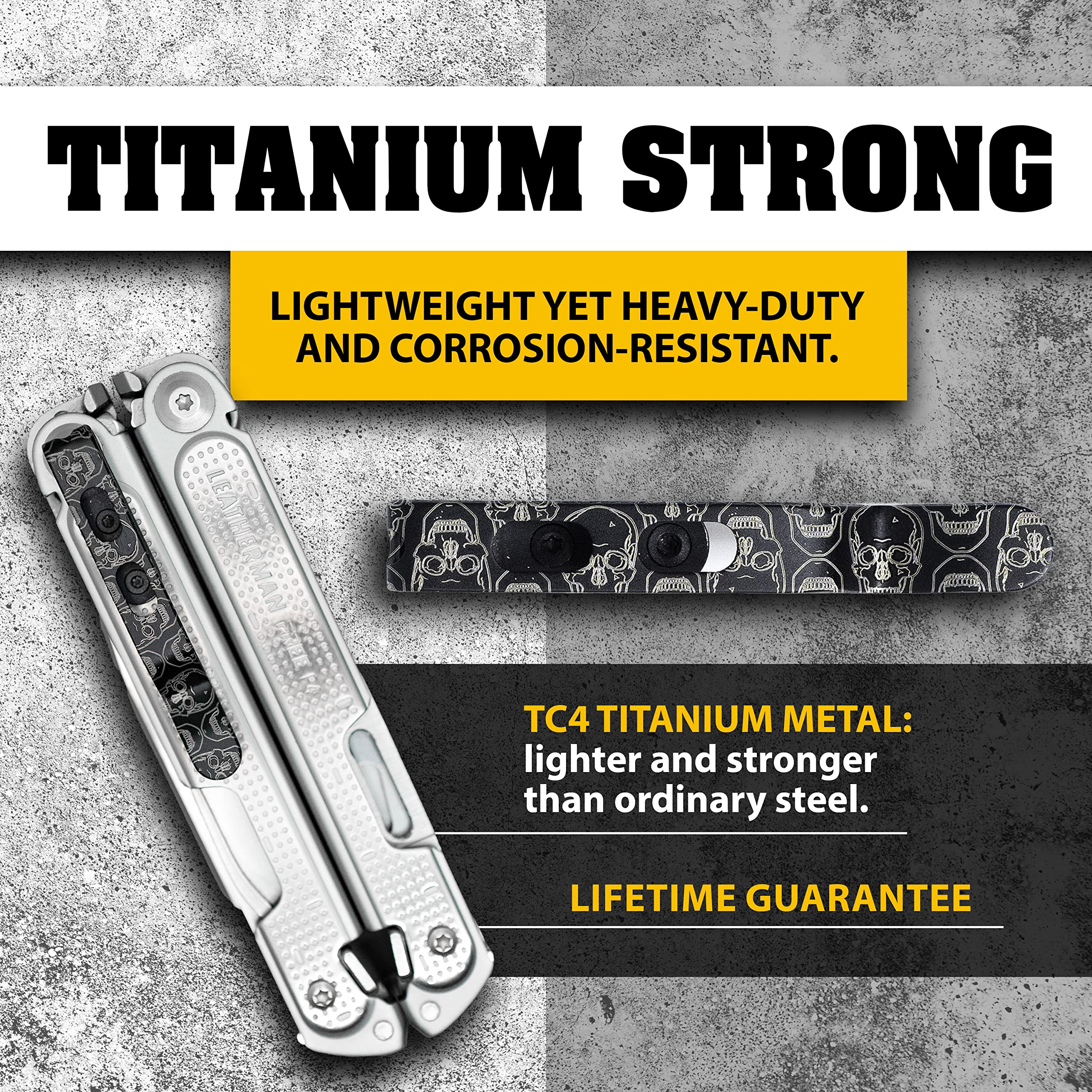 Donk! Titanium Pocket Clip. Made for Leatherman Free (P2, P4, T2 & T4) Curl & Bond. TC4 Titanium. Matte Finish. 2 Screws. 5 Custom Designs. Extra Carry Options - 'Numb Skulls Dark’