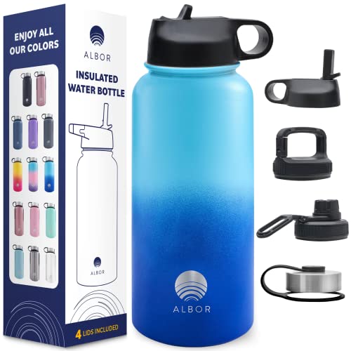 ALBOR 32 oz Insulated Water Bottle With Chug Lid and Straw, Plus Carry Lid for Travel, Leak Proof Stainless Steel Water Bottle for Gym and Travel (Blue Fade)