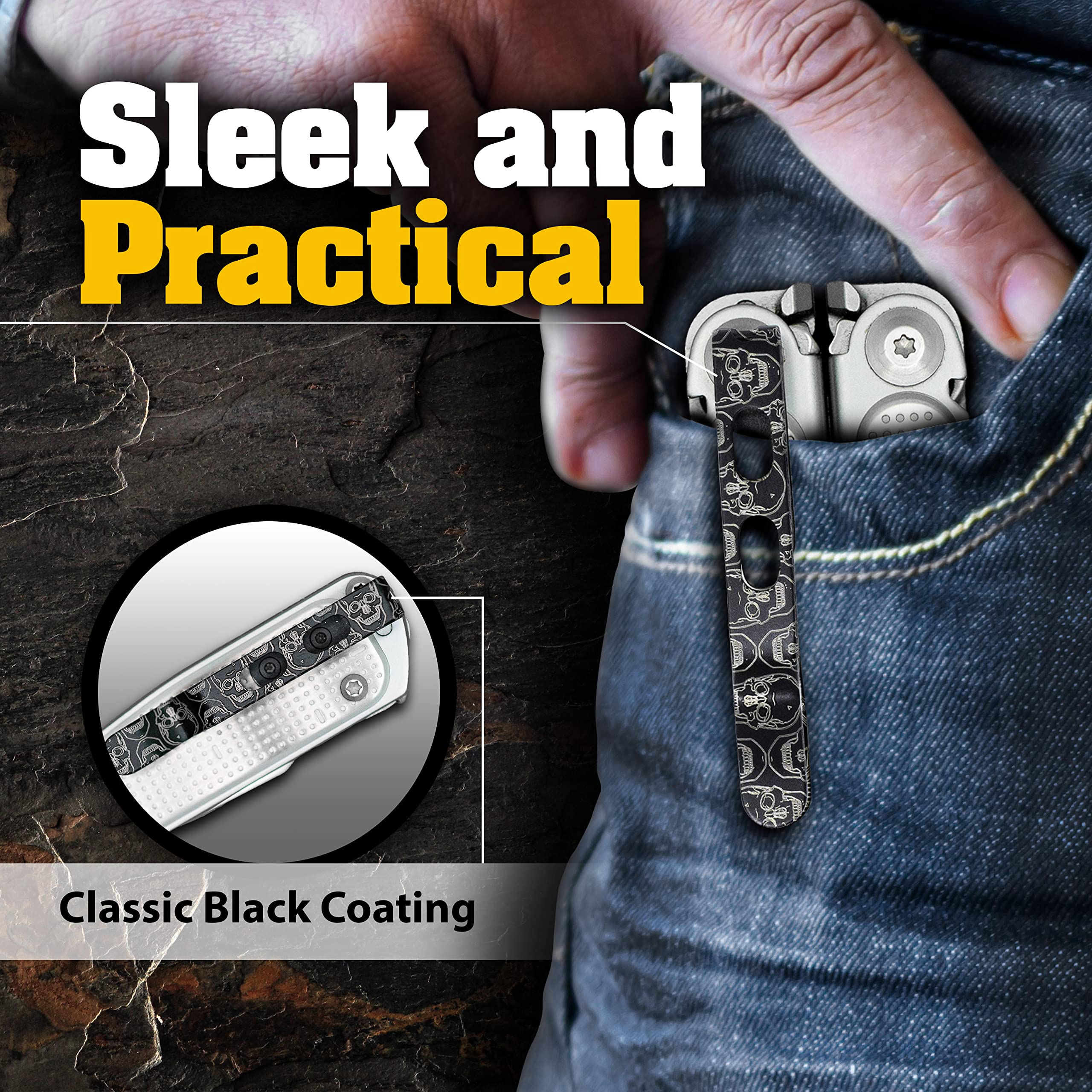 Donk! Titanium Pocket Clip. Made for Leatherman Free (P2, P4, T2 & T4) Curl & Bond. TC4 Titanium. Matte Finish. 2 Screws. 5 Custom Designs. Extra Carry Options - 'Numb Skulls Dark’