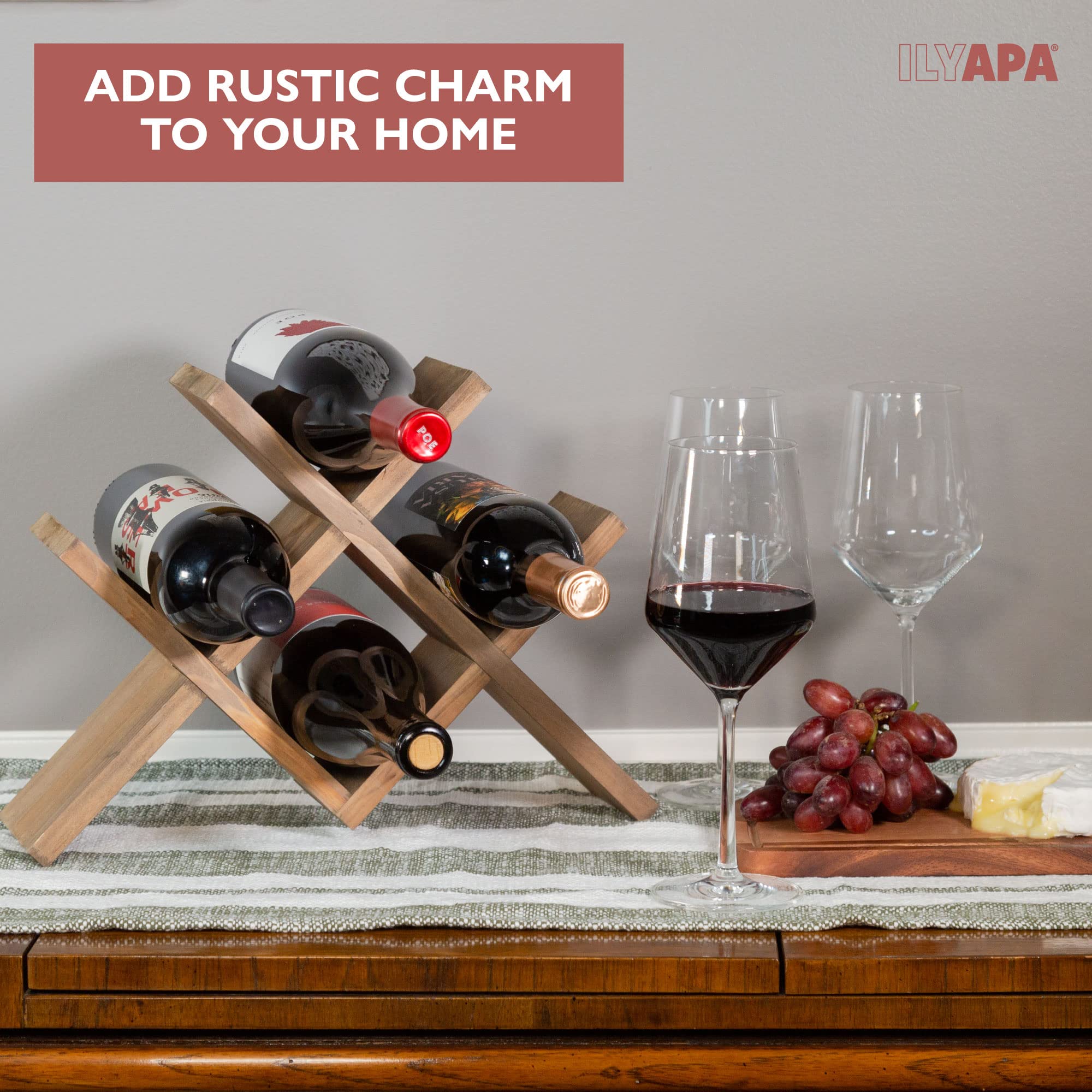 Ilyapa 4-Bottle Countertop Wine Rack - Rustic Weathered Brown Wood Wine Bottle Holder