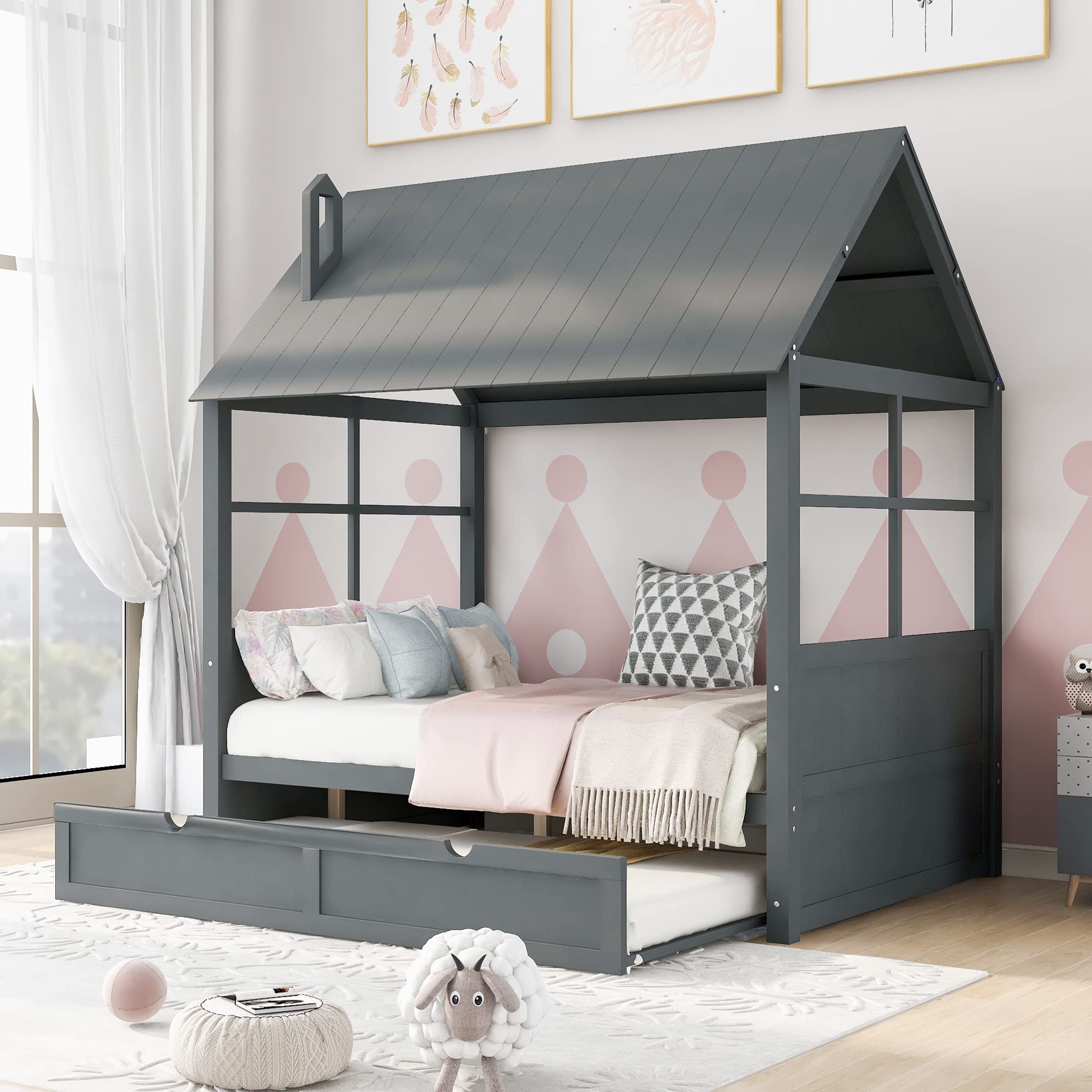 BIADNBZ Full Size House Bed with Twin Trundle, Wooden Platform BedFrame Daybed w/Roof&Window for Kids Boys Girls Bedroom, Gray