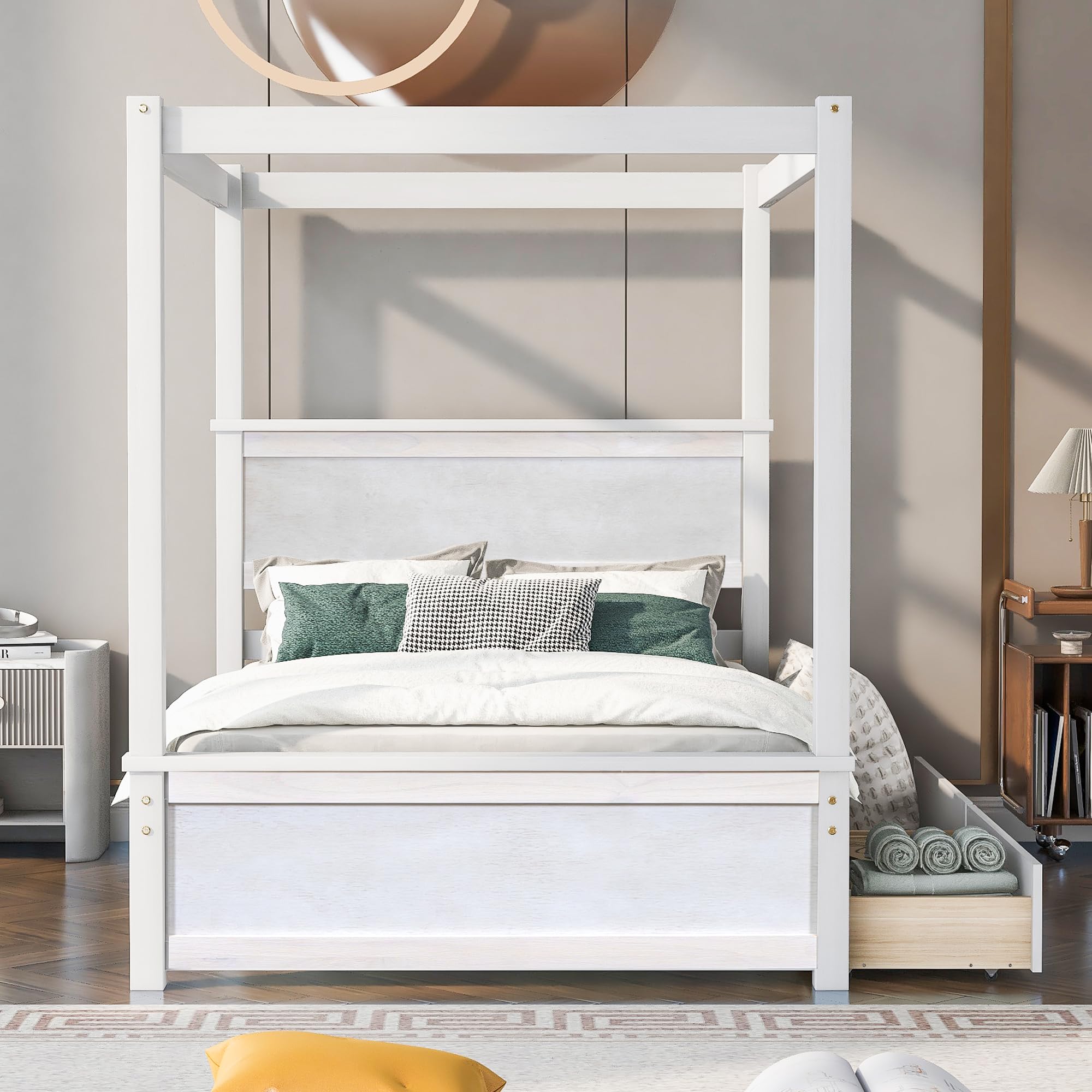 CITYLIGHT Full Size Canopy Bed with 2 Storage Drawers, Wooden Canopy Platform Bed with Headboard, Four Post Bed (Brushed White)