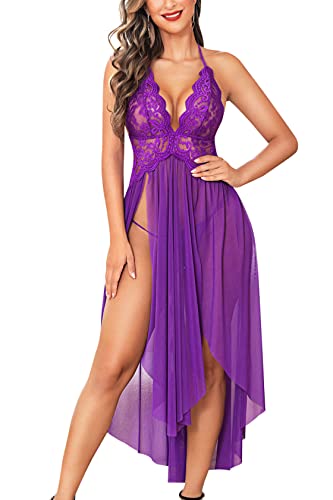 Giorzio Women Lingerie Lace Babydoll V Neck Chemise Halter Mesh Nightwear Sexy Long Gown Lingerie Sheer Dress Purple,S