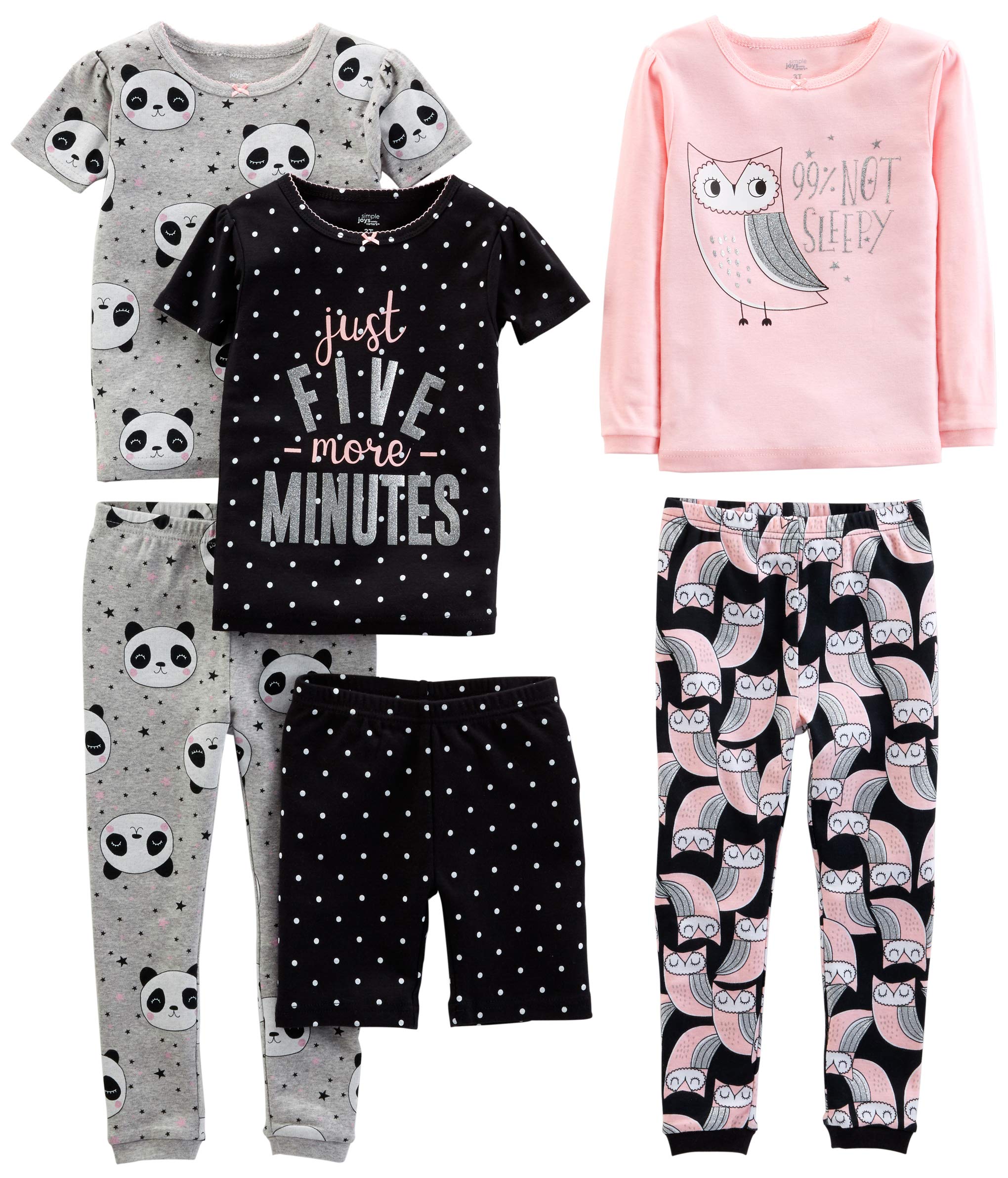 Simple Joys by Carter's Girls' 6-Piece Snug Fit Cotton Pajama Set, Black Dots/Grey Panda/Pink Owl, 3T