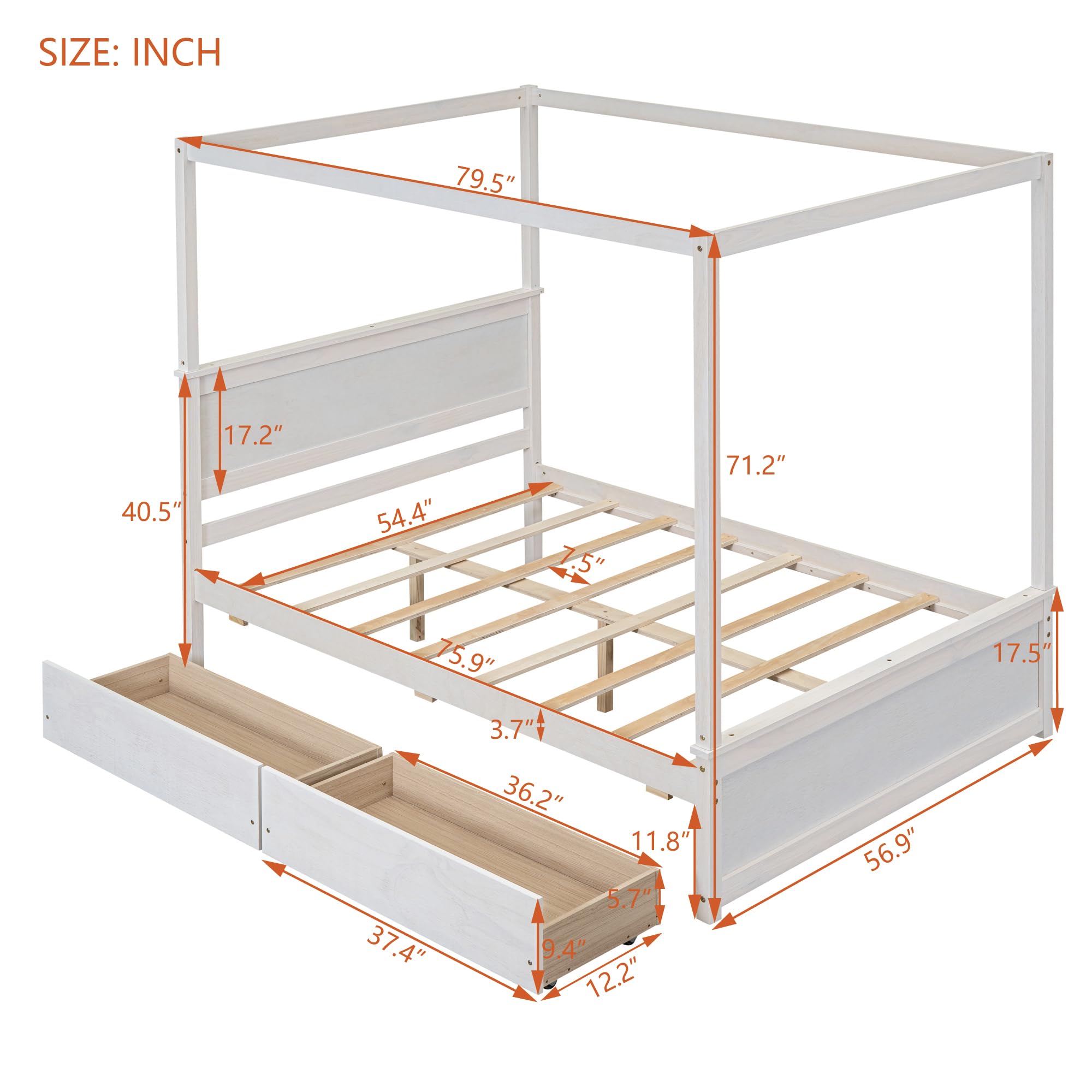 CITYLIGHT Full Size Canopy Bed with 2 Storage Drawers, Wooden Canopy Platform Bed with Headboard, Four Post Bed (Brushed White)