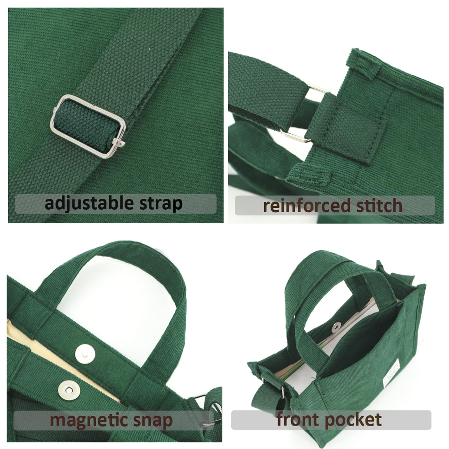 UERRUAM Corduroy Tote Bag for Women Work Crossbody Purse for Everyday,College,Travel,Lightweight Handbag Adjustable Strap,Small,Green