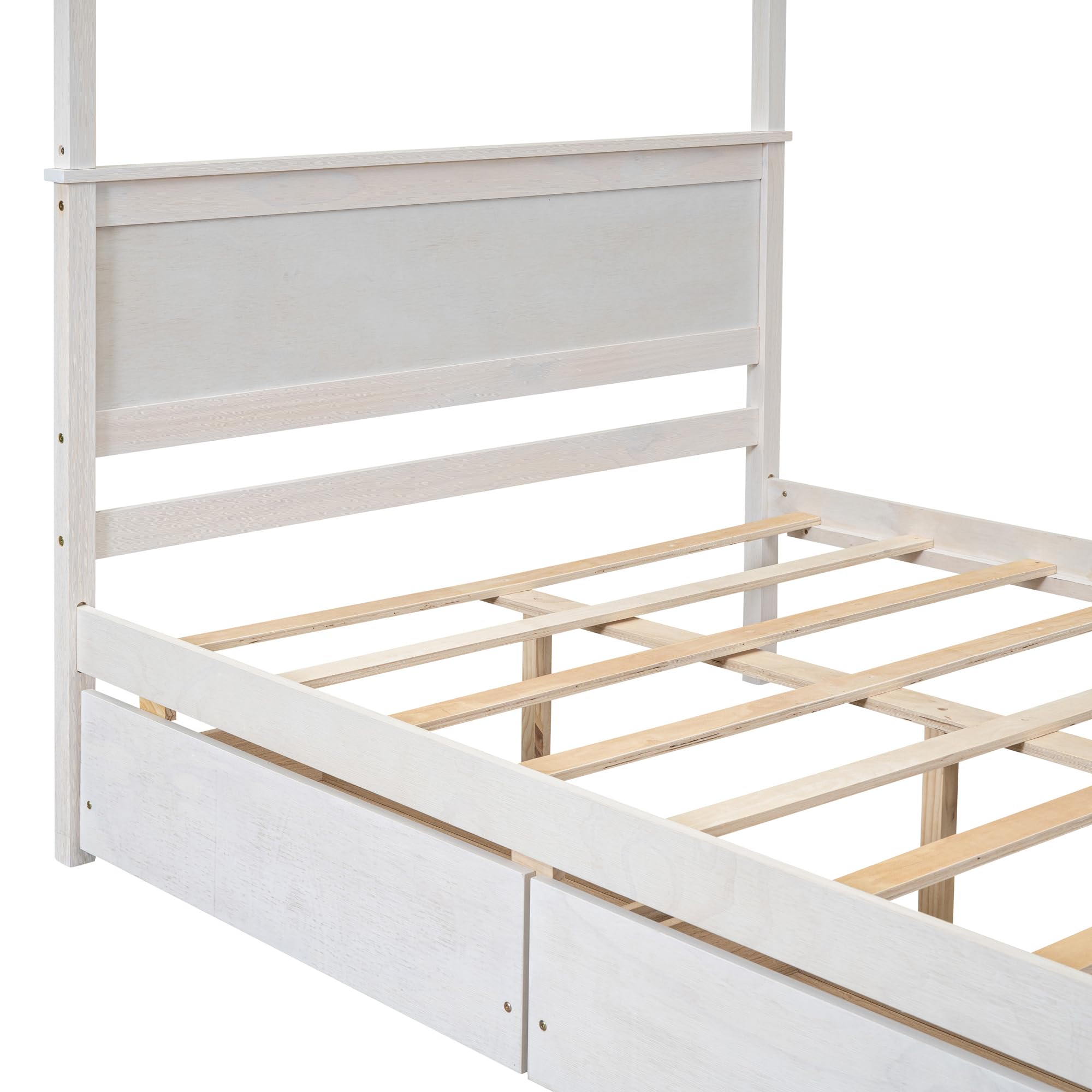 CITYLIGHT Full Size Canopy Bed with 2 Storage Drawers, Wooden Canopy Platform Bed with Headboard, Four Post Bed (Brushed White)