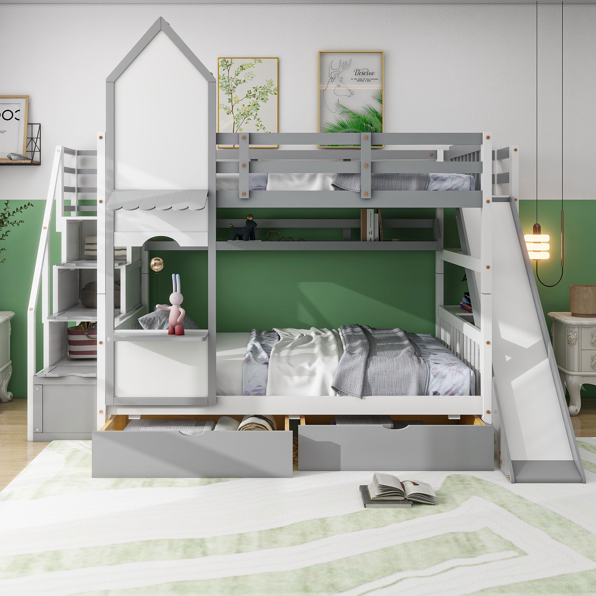 BIADNBZ Full Over Full Castle Style Bunk Bed with Slide and Stairs, Wooden Stairway BunkBed w/2 Drawers Storage and 3 Shelves for Kids Boys Girls Bedroom, Gray