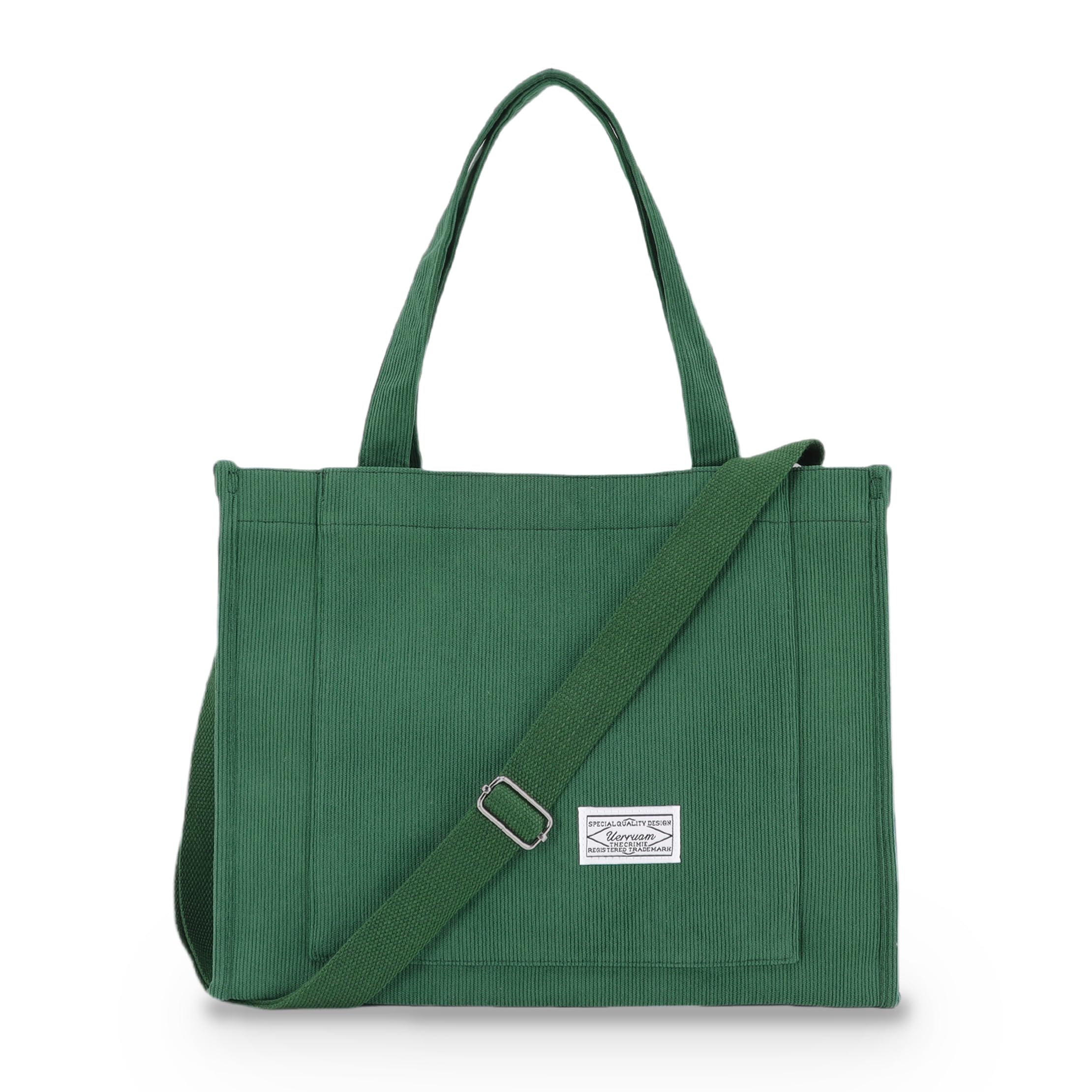 UERRUAM Corduroy Tote Bag for Women Work Crossbody Purse for Everyday,College,Travel,Lightweight Handbag Adjustable Strap,Small,Green