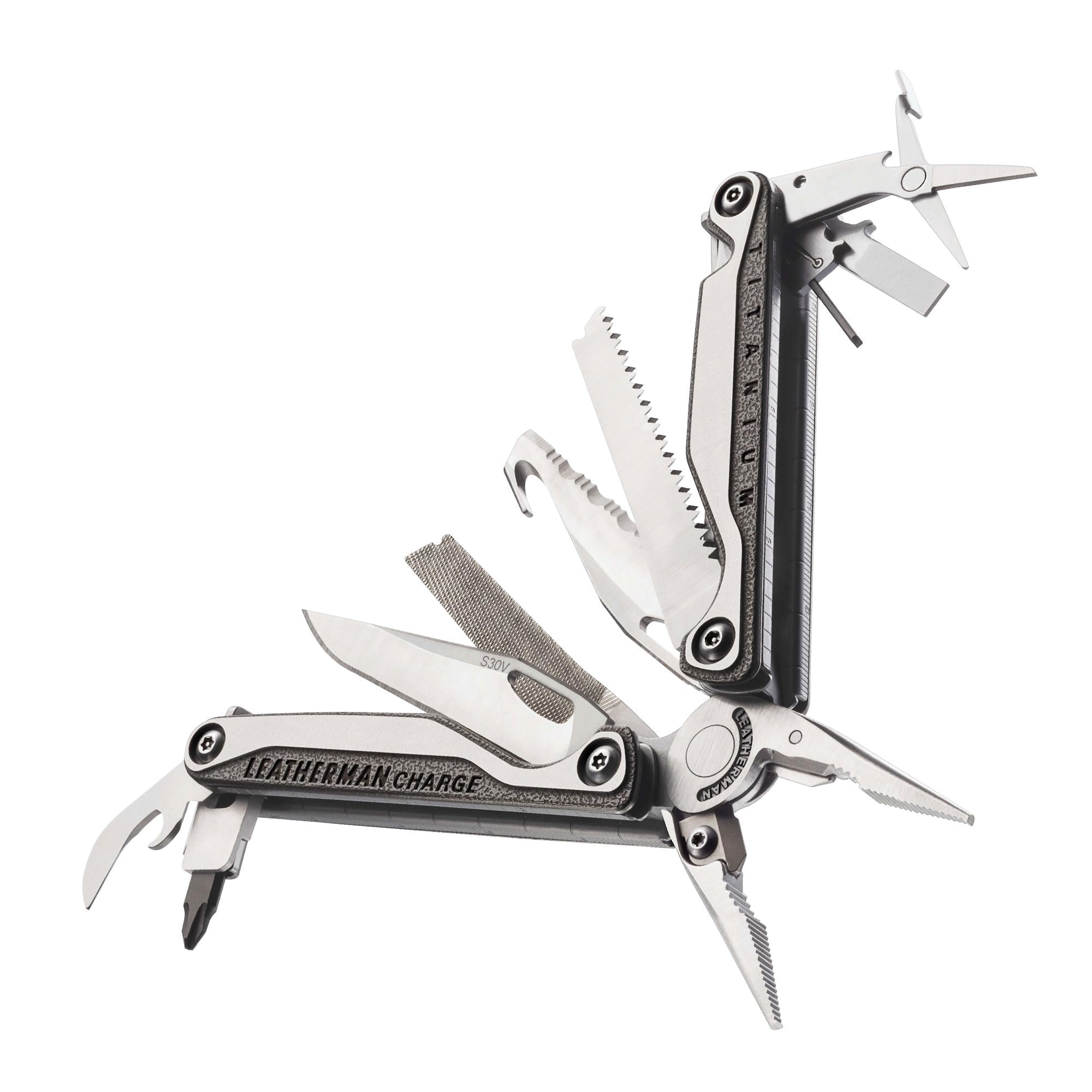 Leatherman Charge Plus TTi - Titanium multi-tool with all locking tools including knives, pliers, saw and screwdriver, camping and fishing tool made in the USA, in stainless steel