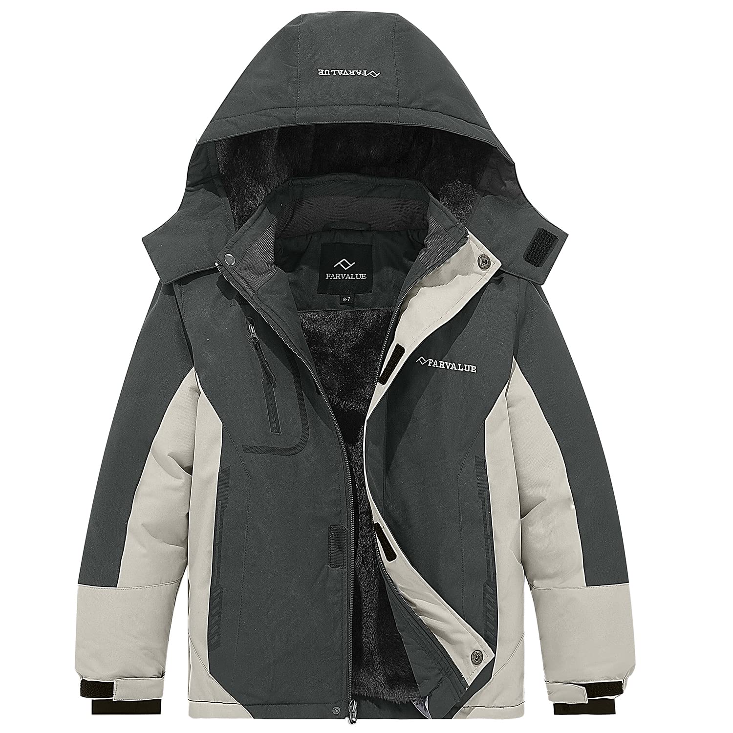FARVALUE Boys Waterproof Ski Jacket Windproof Winter Coat Warm Snow Coat Outdoor Raincoats with Removable Hood Grey 10-12