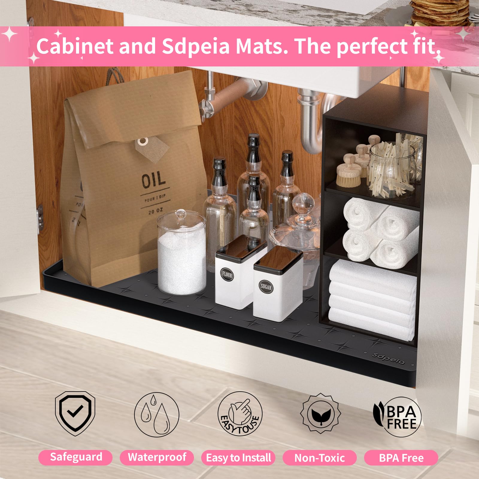 Sdpeia Under Sink Mat for [34" x 22" ] Cabinet, Silicone Under Sink Liner, Kitchen Cabinet Liner Holds Over 2.2 Gallons, Cabinet Protector, Under Sink Tray for Drips, Leaks, Spills (Black)