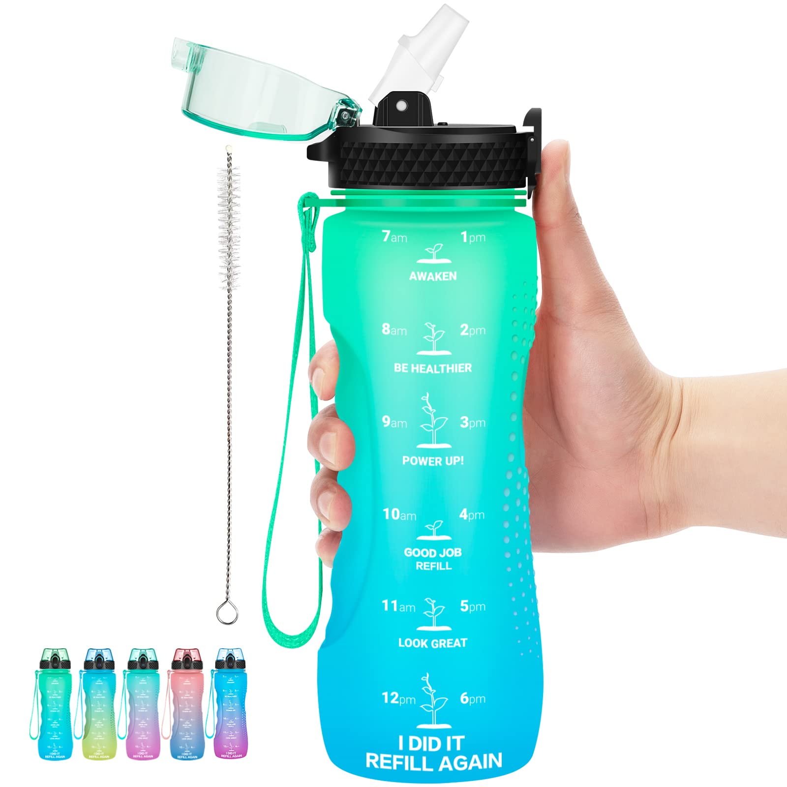 AIDEAMART 24 OZ Motivational Kids Water Bottle With Time Marker,Straw Lid,Leak Proof, Tritan BPA Free Sports Water Bottle Green-Blue(1 Lid)
