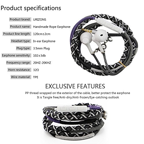 URIZONS Earbuds Bracelet Colorful Braided Earphones - 3.5mm Wired Headphones with Microphone Remote in-Ear Sports Headset for iPhone Handmade Fabric Knitted Thread Wrapped