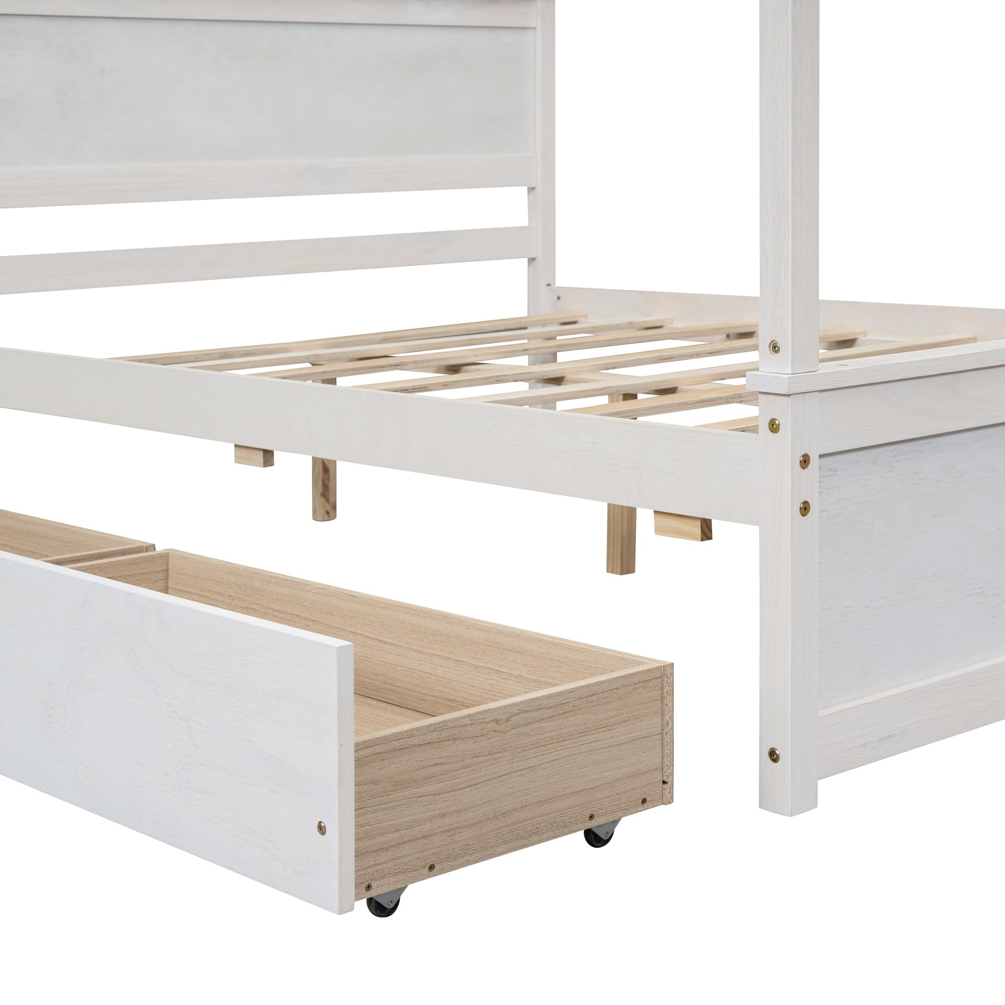 CITYLIGHT Full Size Canopy Bed with 2 Storage Drawers, Wooden Canopy Platform Bed with Headboard, Four Post Bed (Brushed White)