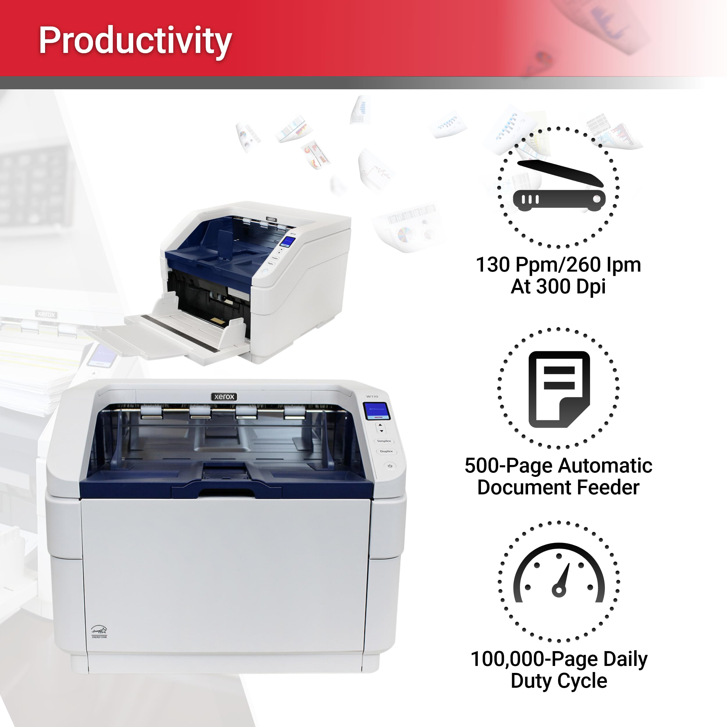 Visioneer Xerox W110 Scanner, USB Office Duplex Production Scanner for PC, 120 PPM, 500 Page Automatic Document Feeder (ADF)