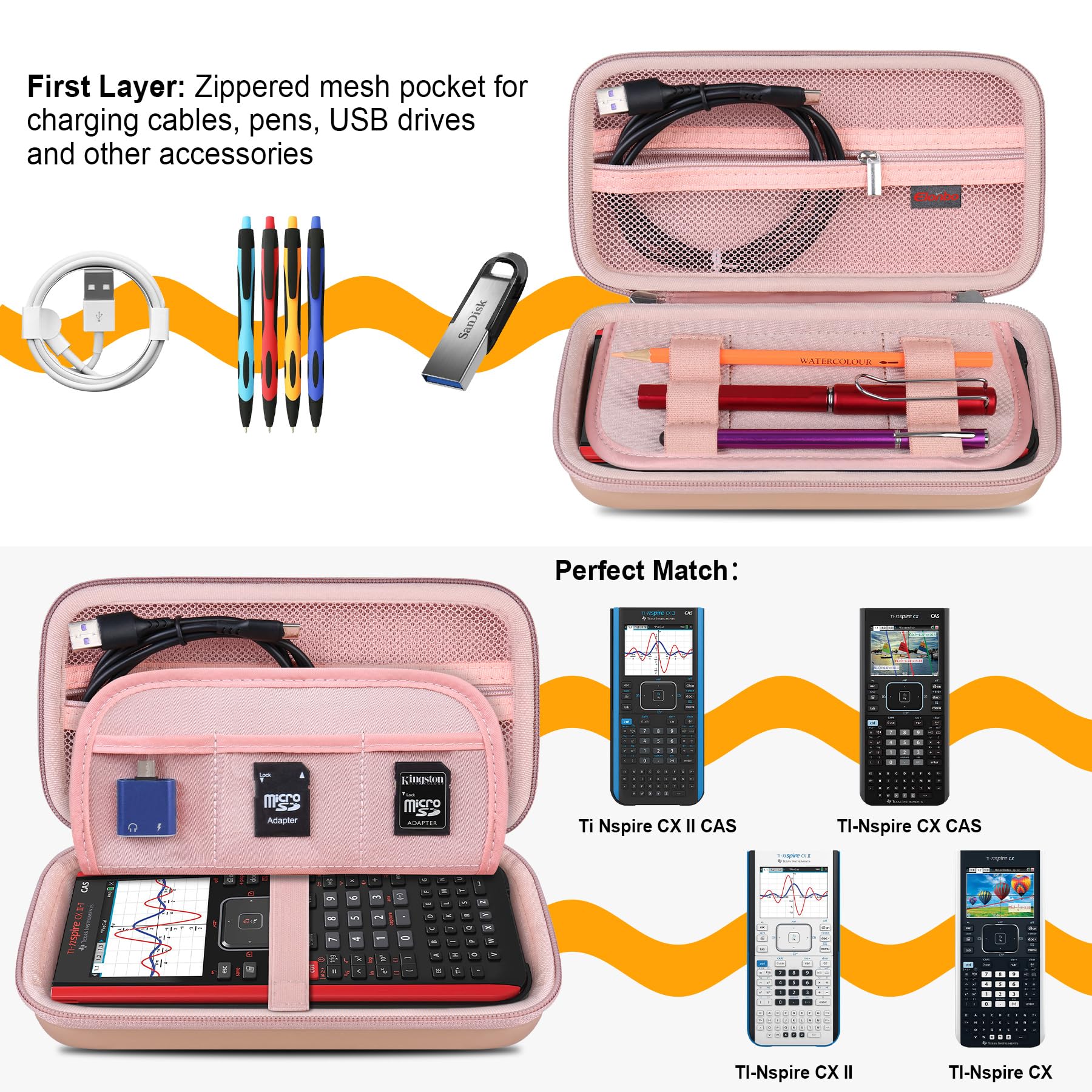 Elonbo Hard Travel Case for Texas Instruments TI-Nspire CX II CAS/CX II/CX CAS Color Graphing Calculator, Extra Zipped Pocket Fits Charging Cable, Charger, Manual, Rose Gold