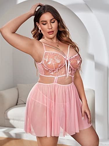 WDIRARA Women's Plus Floral Embroidery Cut Out See Through Babydoll Mesh Lingerie Slip with Panty Light Pink 3XL